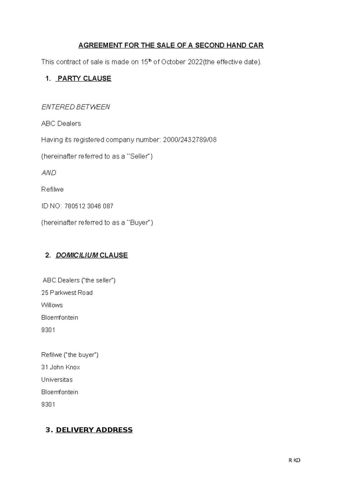 Assignment - AGREEMENT FOR THE SALE OF A SECOND HAND CAR This contract ...