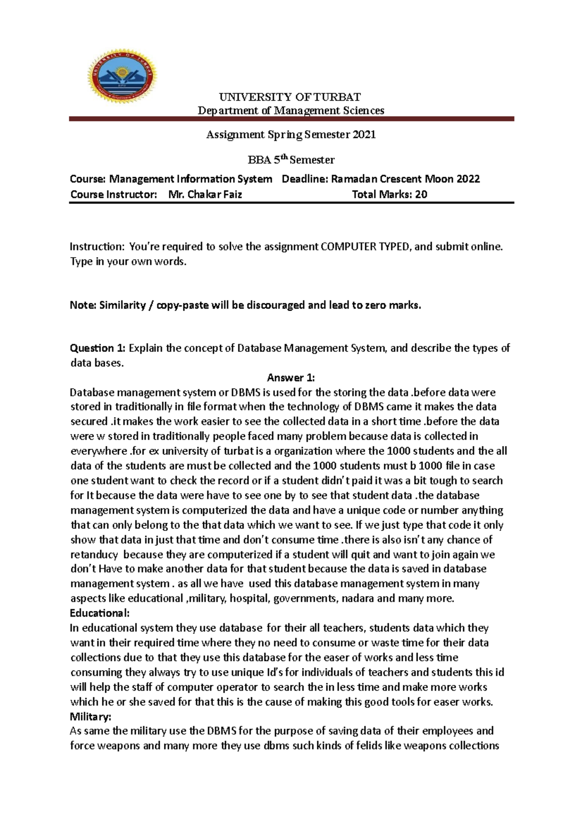 Term Assignment for BBA 5th student, including questions - Course ...