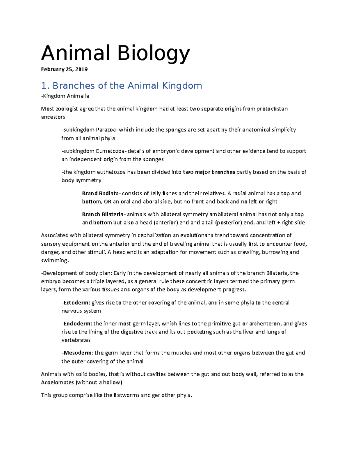 Animal Biology (II) - notes for in person classroom with professor ...