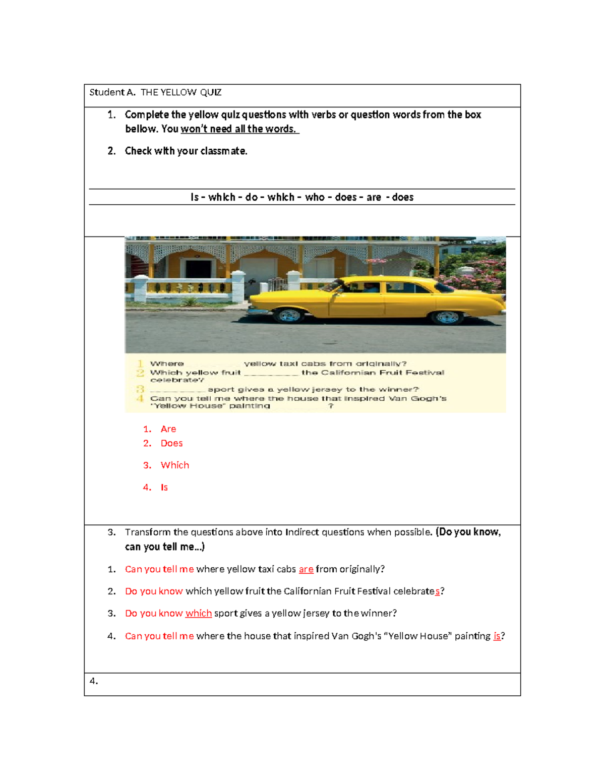 Student A (Yellow ) Exercise - Student A. THE YELLOW QUIZ 1. Complete ...