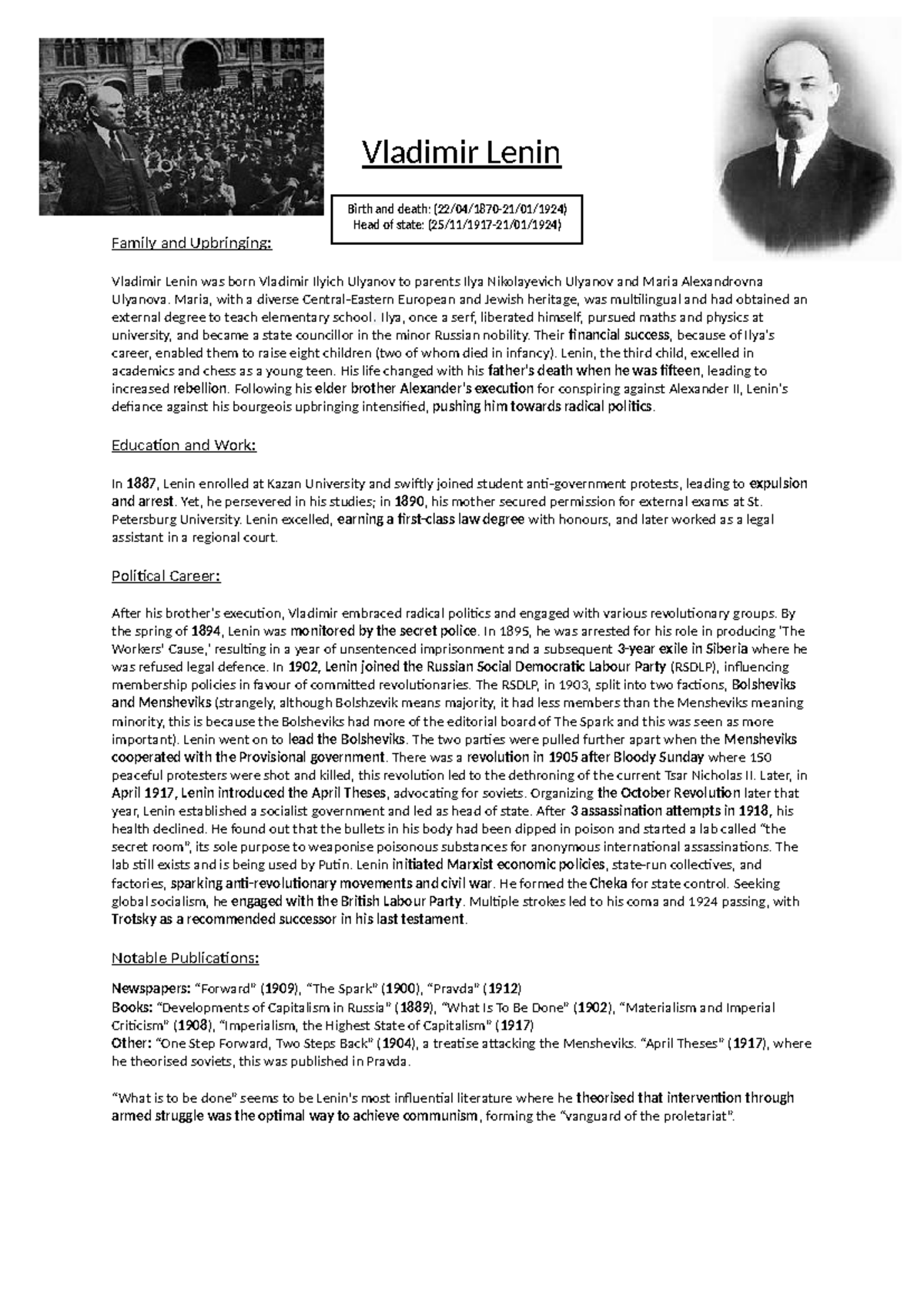 Stalin and Lenin fact sheets - Vladimir Lenin Family and Upbringing ...