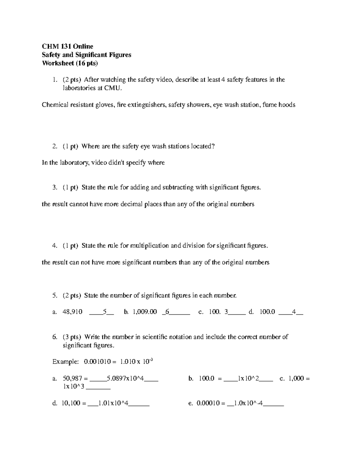 Pre lab worksheet - CHM 131 Online Safety and Significant Figures ...