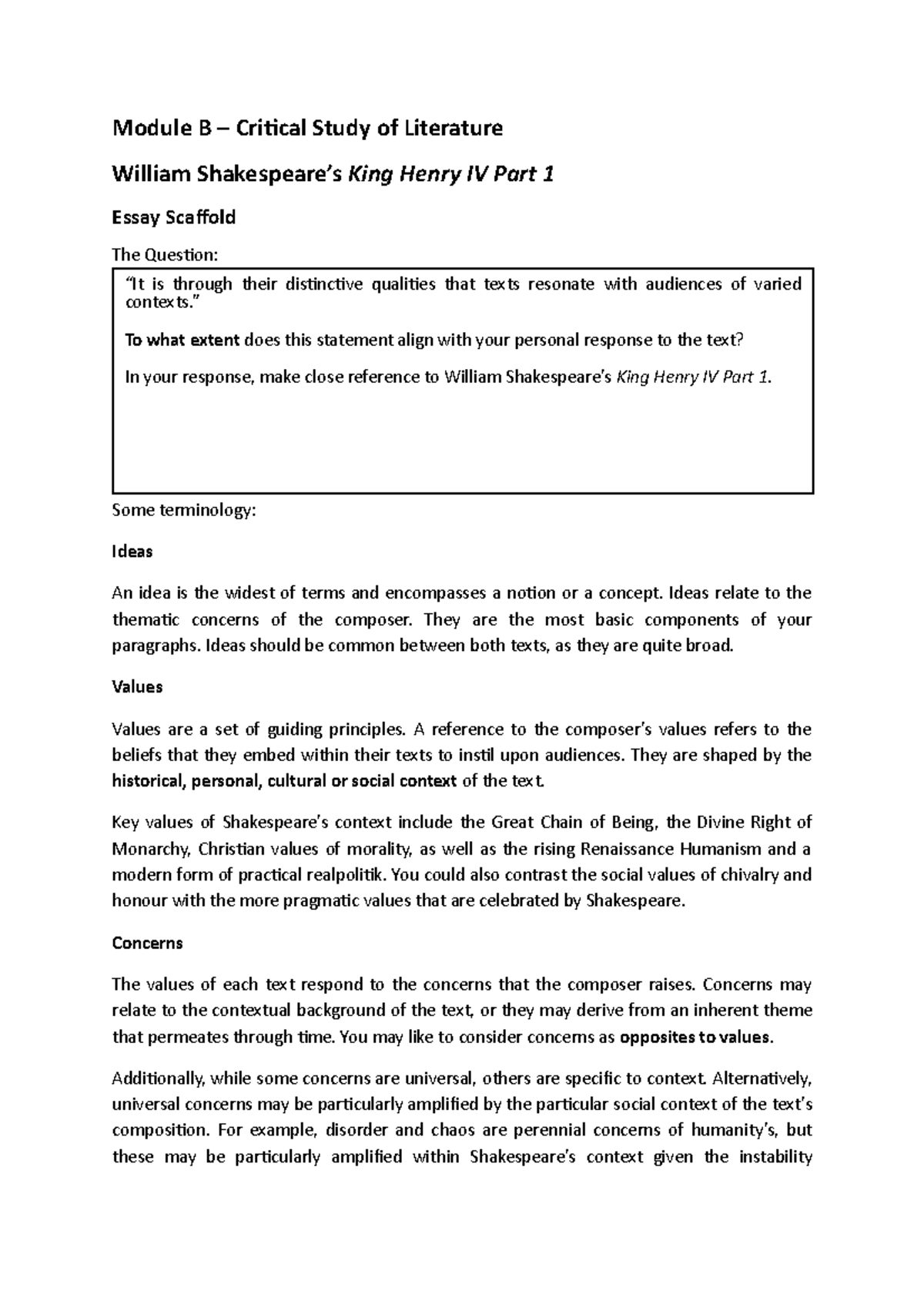King Henry Essay Scaffold - Module B – Critical Study of Literature ...