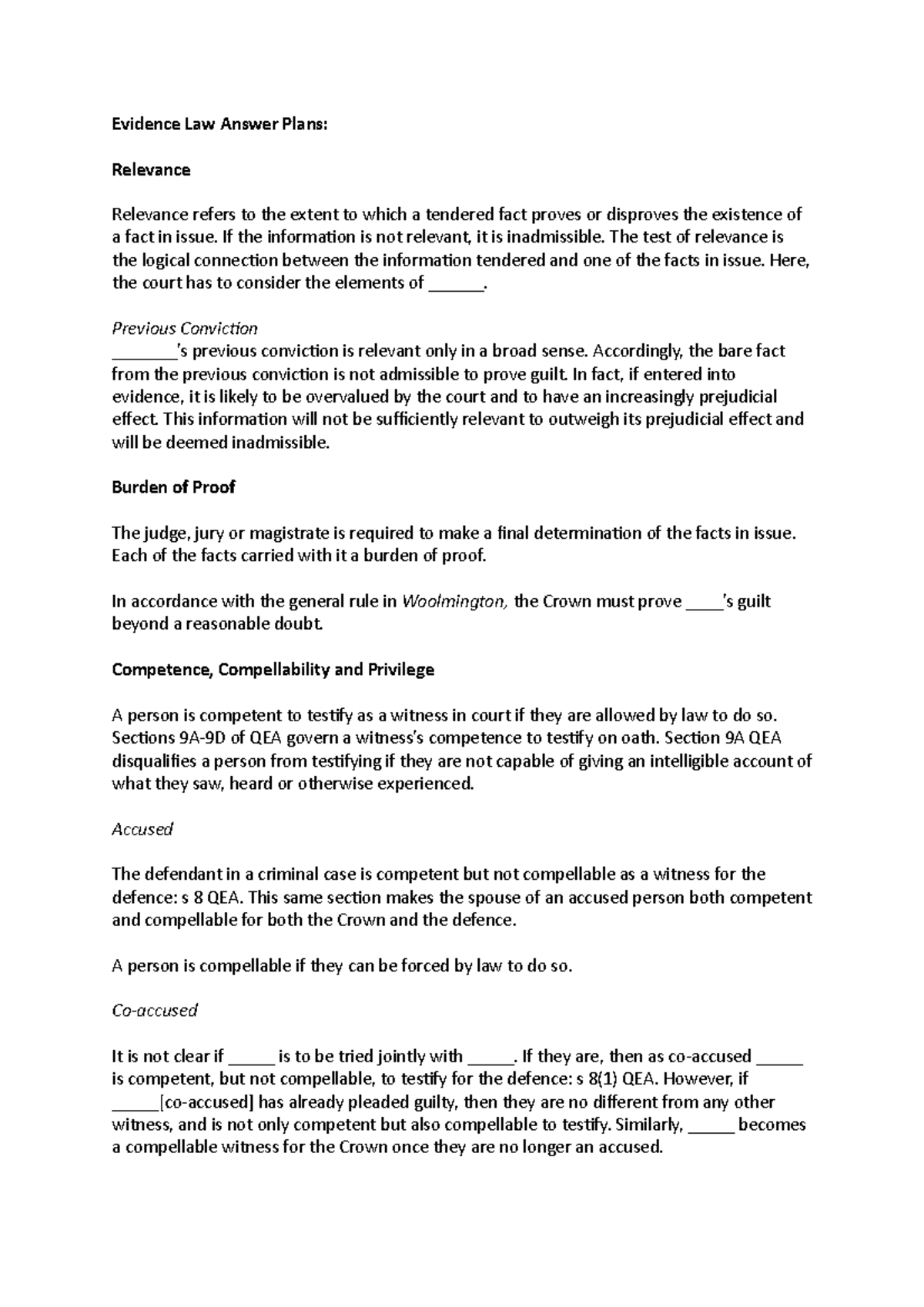 Evidence Law Answer Plans - Evidence Law Answer Plans: Relevance ...