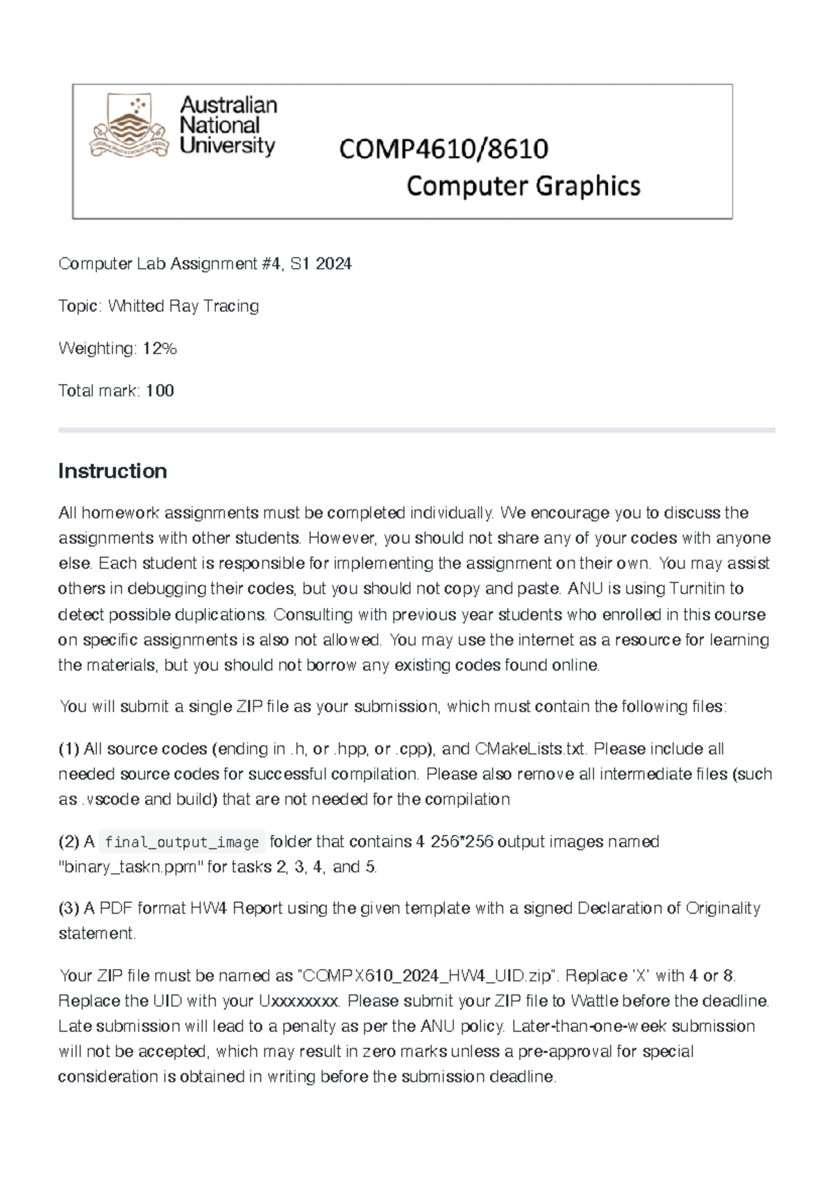 COMP4610-Hw4-Ray Tracing v5 - Computer Lab Assignment #4, S1 2024 Topic ...