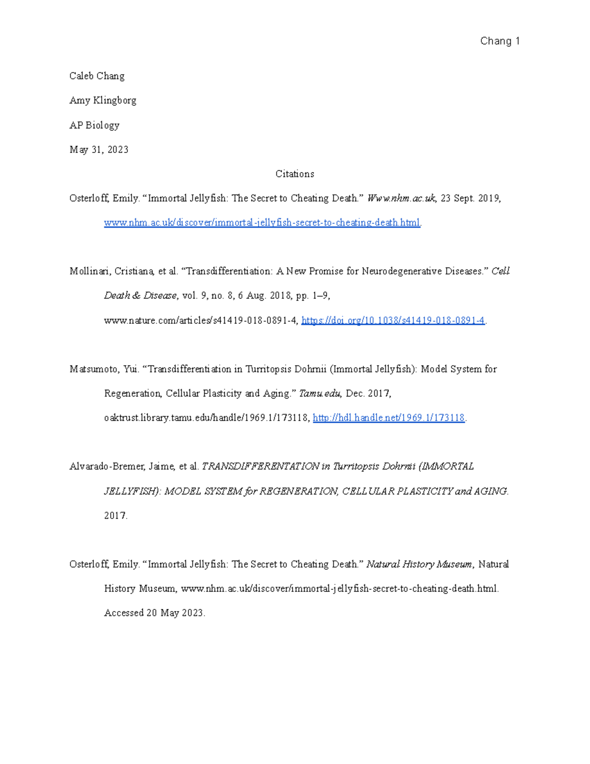 Apbio Citations - 123 - Chang 1 Caleb Chang Amy Klingborg AP Biology ...