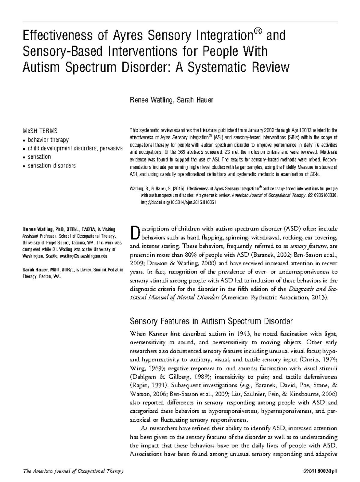 Ayres Sensory intergration Systematic review - Effectiveness of Ayres ...