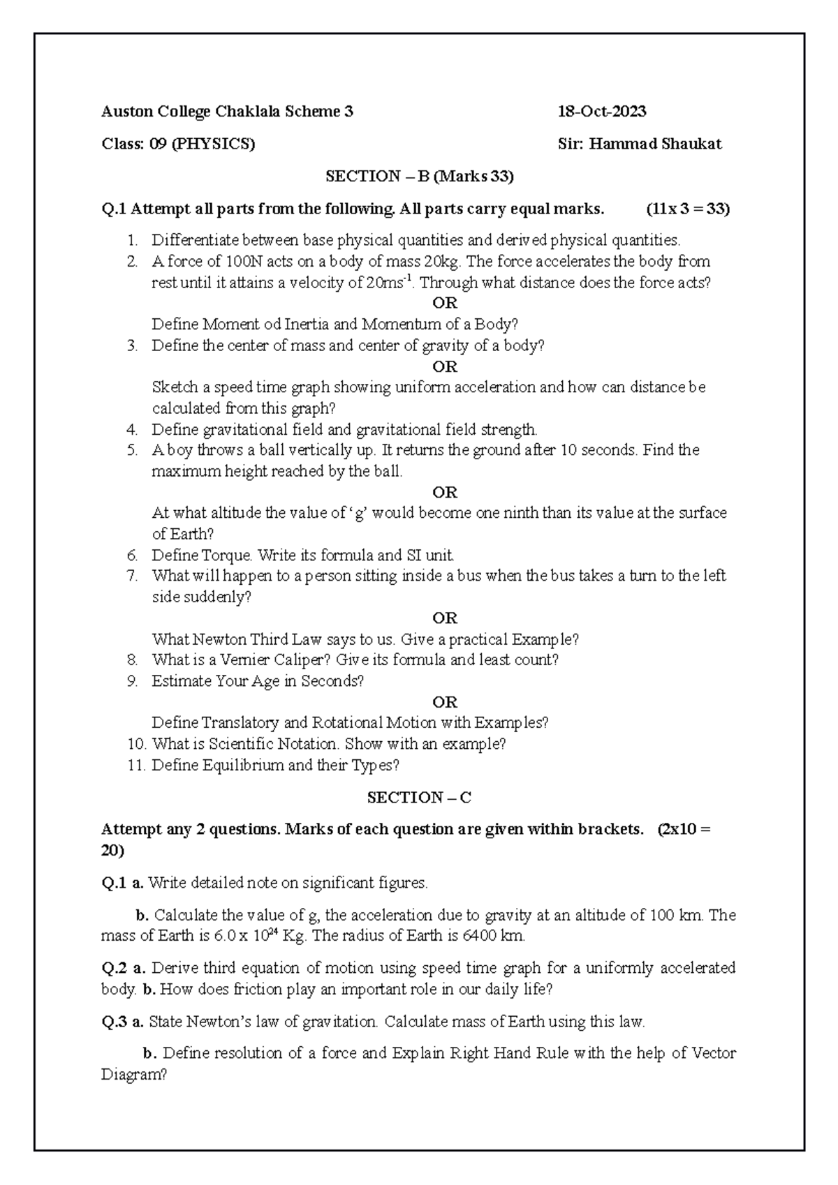 Class 9 Physics Paper - Auston College Chaklala Scheme 3 18-Oct- Class ...