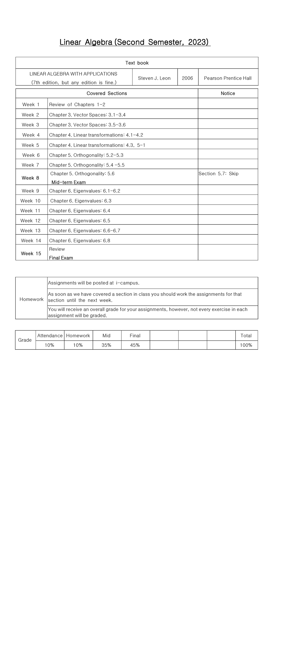 2023-2 LA Syllabus - Linear Algebra (Second Semester, 2023 ) Text book ...
