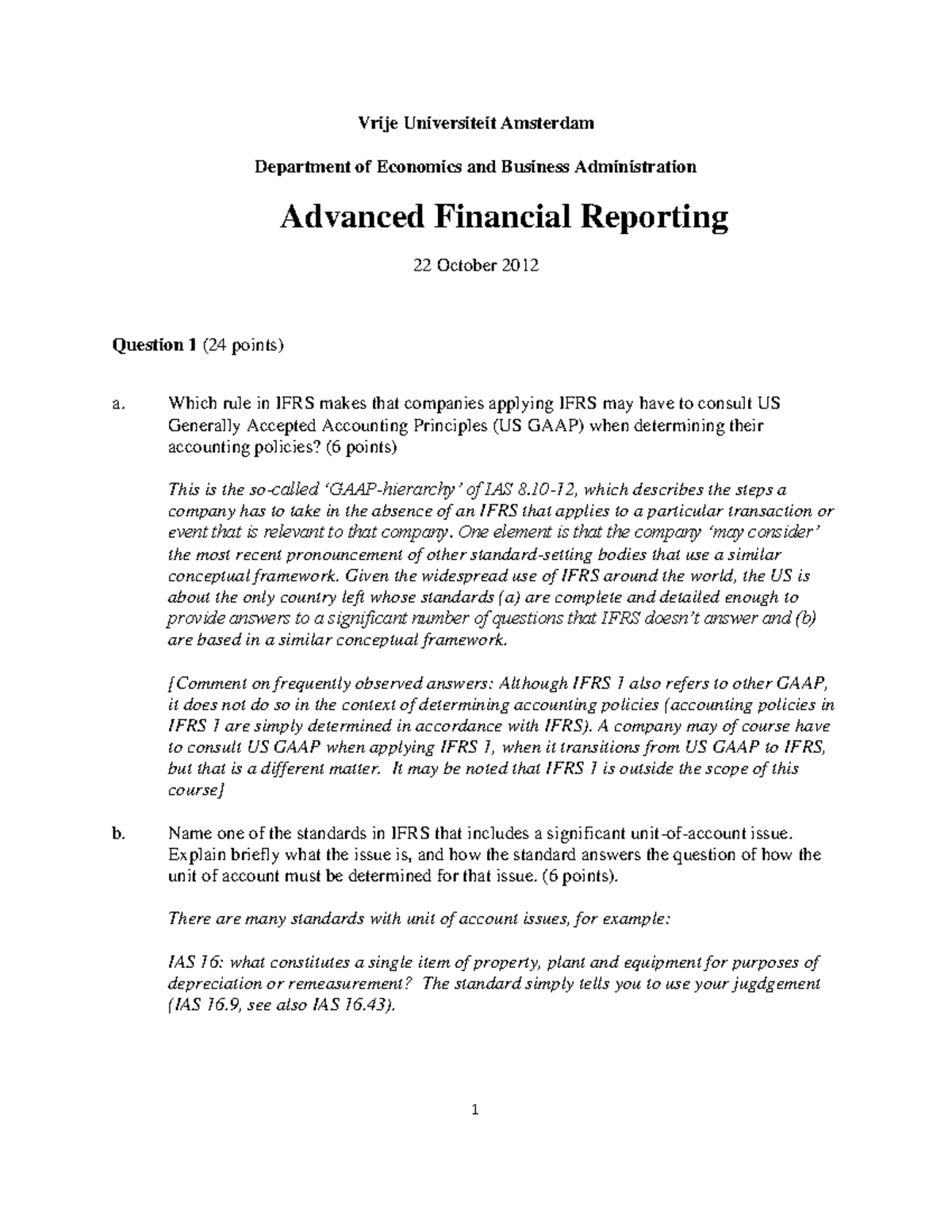 Exam Advanced Financial Reporting October 22, 2012, questions and ...