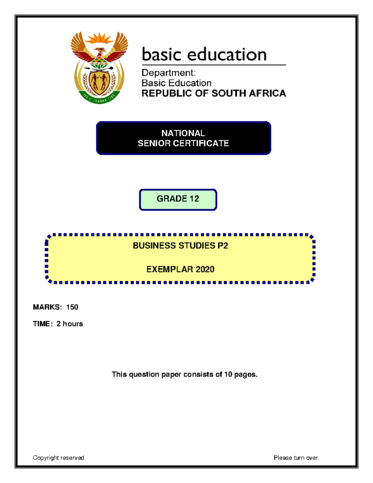 Business Studies P2 Gr 12 Exemplar 2020 Eng - MARKS: 150 TIME: 2 hours ...