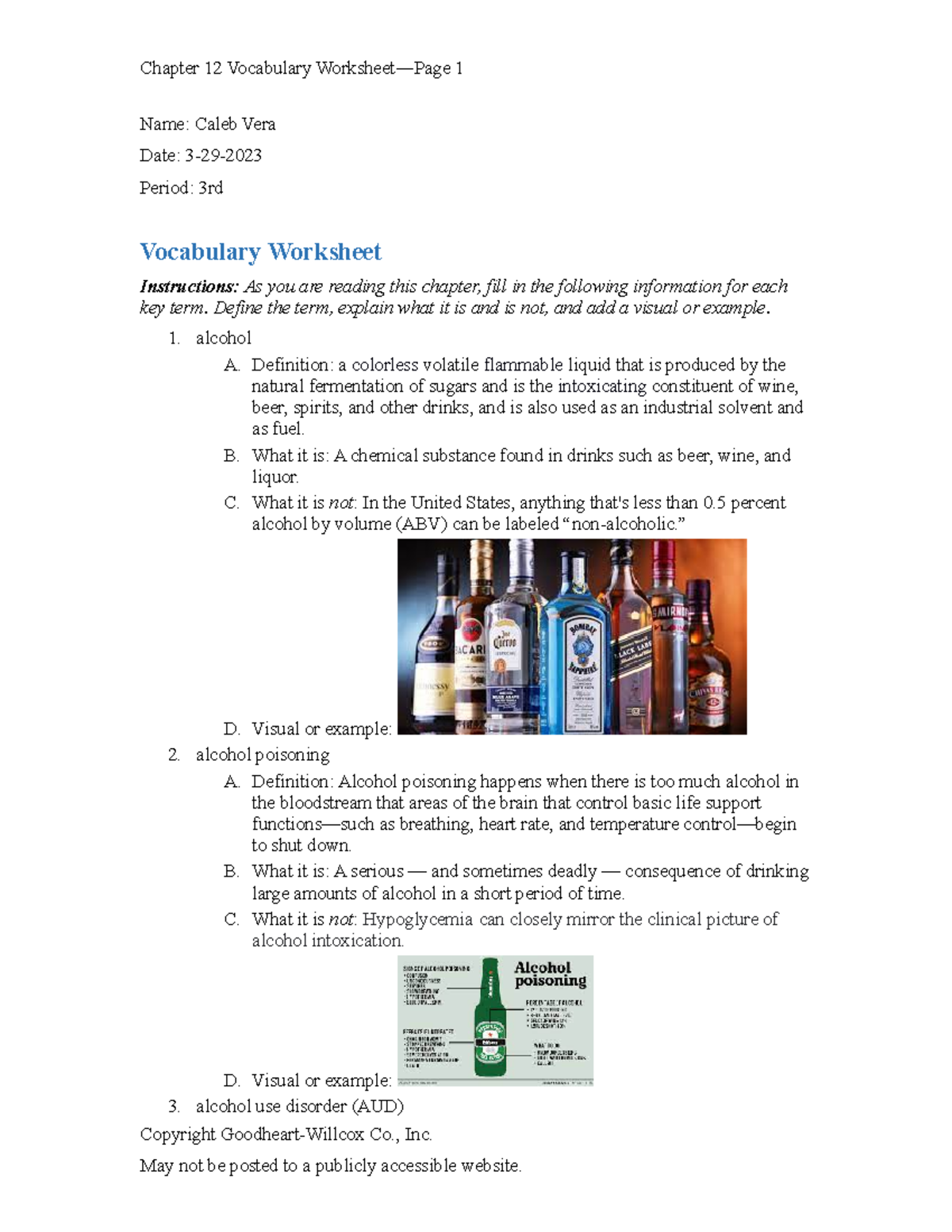 Alcohol Vocab Worksheet - Name: Caleb Vera Date: 3-29- Period: 3rd ...