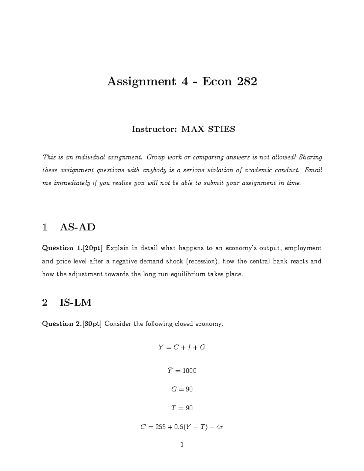 Assignment 4-2023 - notes - Assignment 4 - Econ 282 Instructor: MAX ...