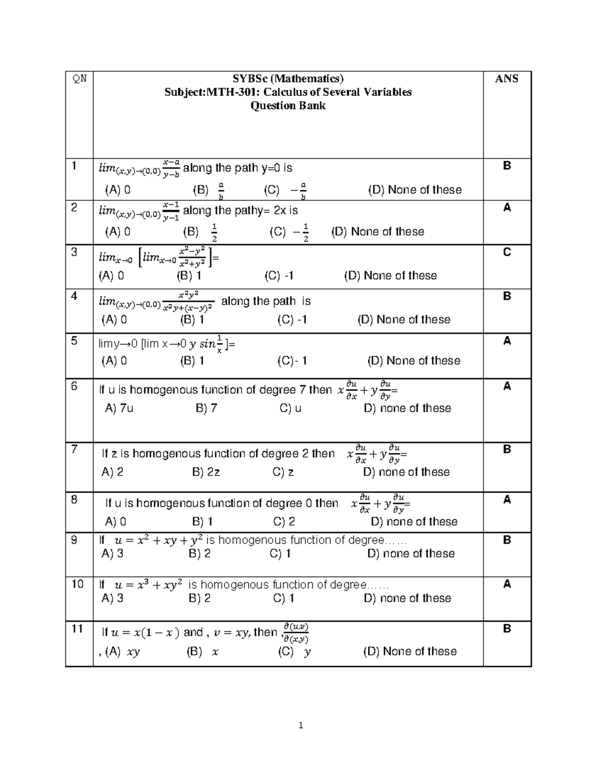 Question bank only - Just problem practice - QN SYBSc (Mathematics) Subject:MTH-301: Calculus of ...