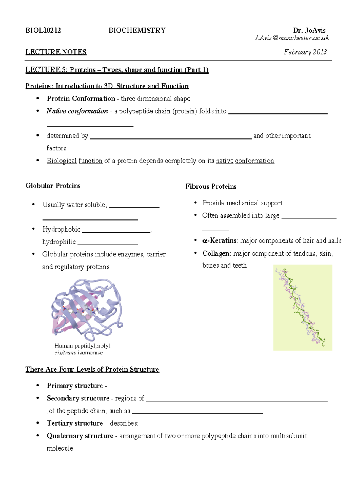 BIOL10212 Lecture 5+6 handout - BIOL10212 BIOCHEMISTRY Dr. JoAvis J ...