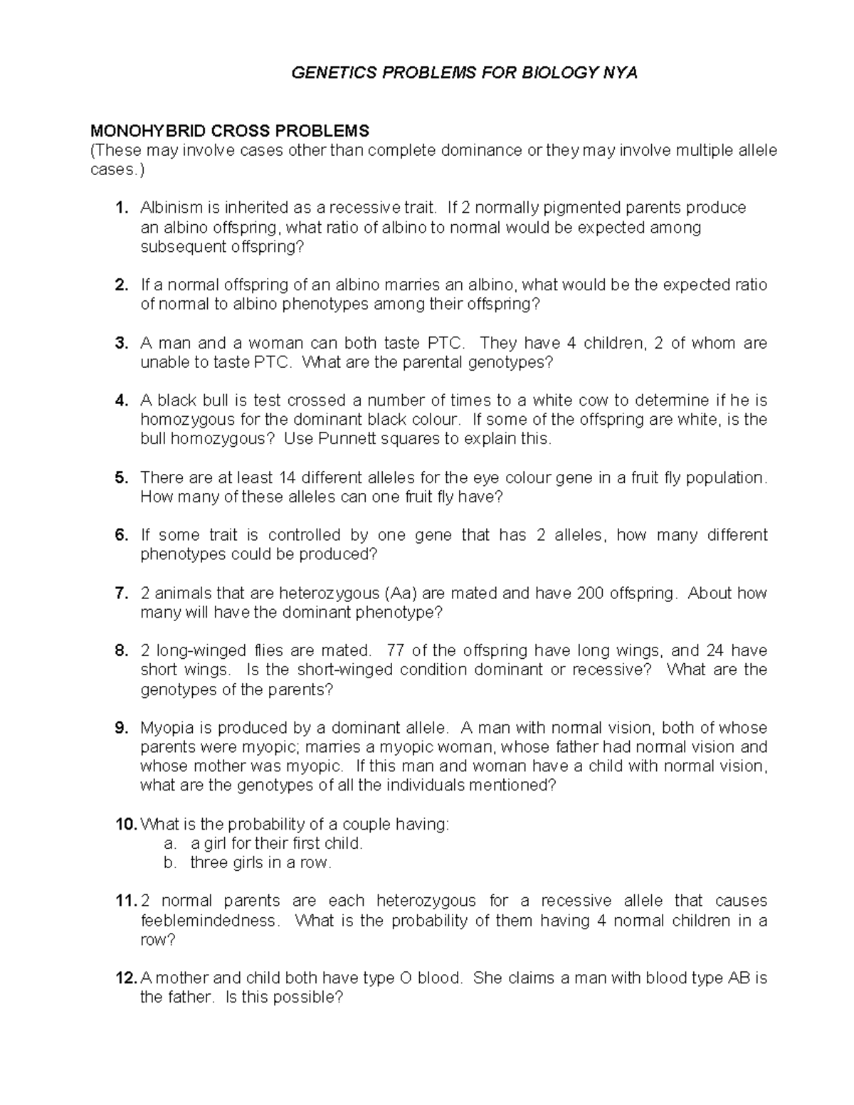 Genetics Problems NYA - genetic problem no solution - GENETICS PROBLEMS FOR BIOLOGY NYA ...