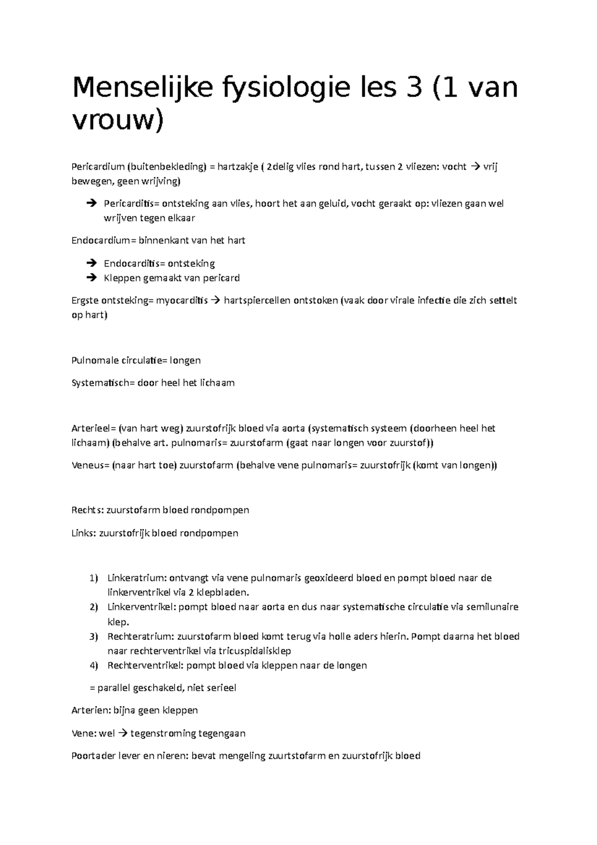 Menselijke fysiologie les 3 - pulnomaris= zuurstofarm (gaat naar longen ...