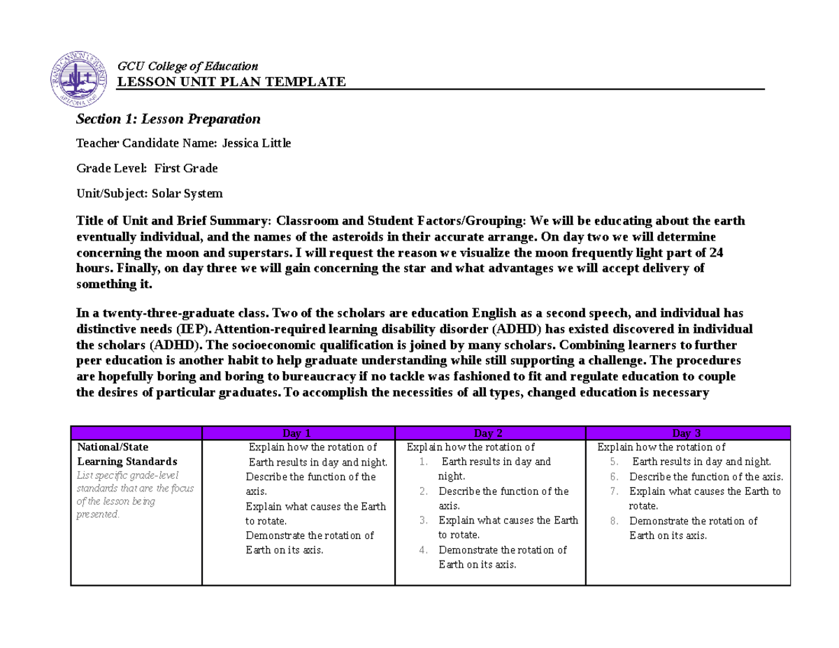 Solar System Lesson Unit Plan for First Grade - Studocu