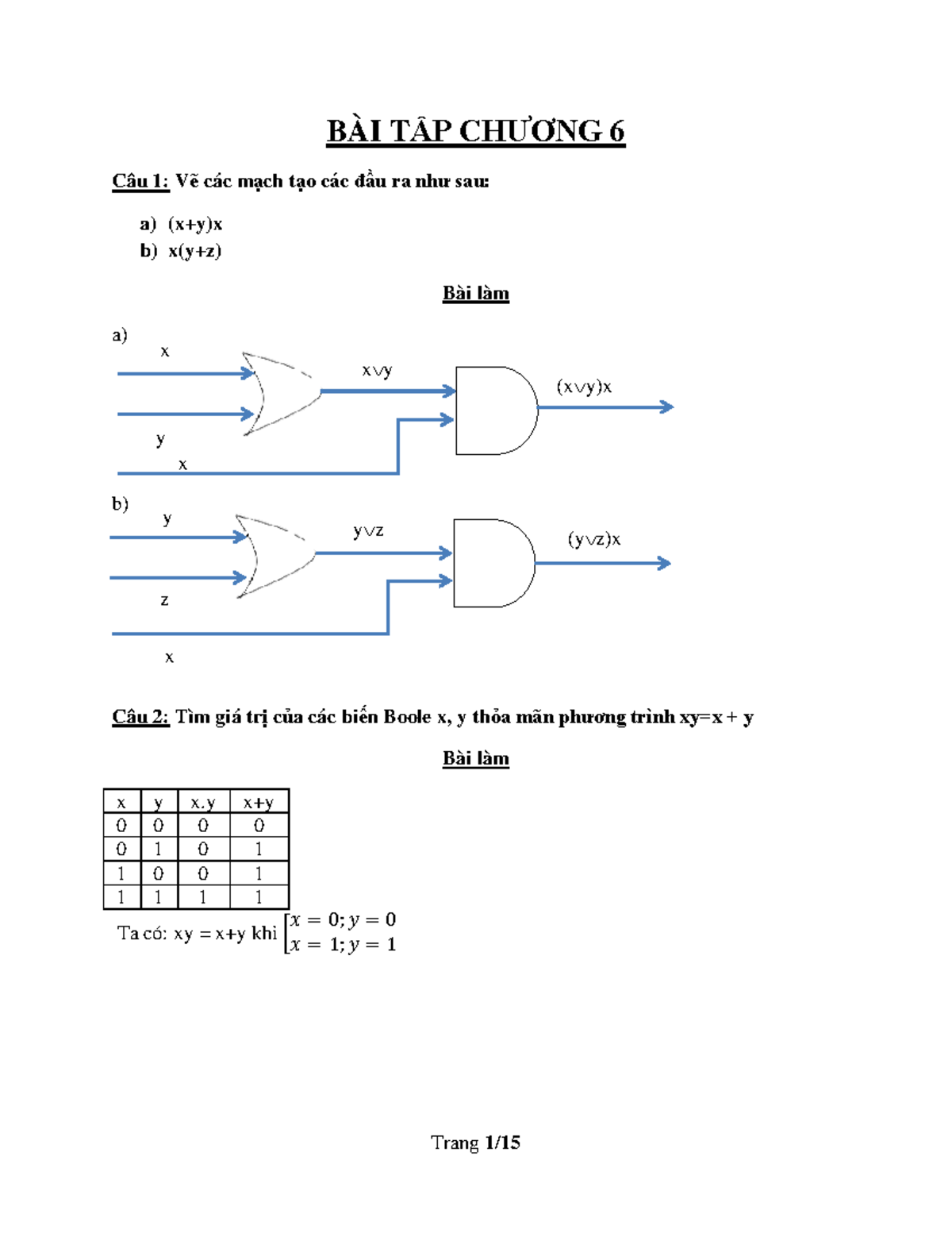 Bai Tap C 6 - toan - BÀI TẬP CHƢƠNG 6 Câu 1: Vẽ các mạch tạo các đầu ra nhƣ sau: a) (x+y)x b) x ...