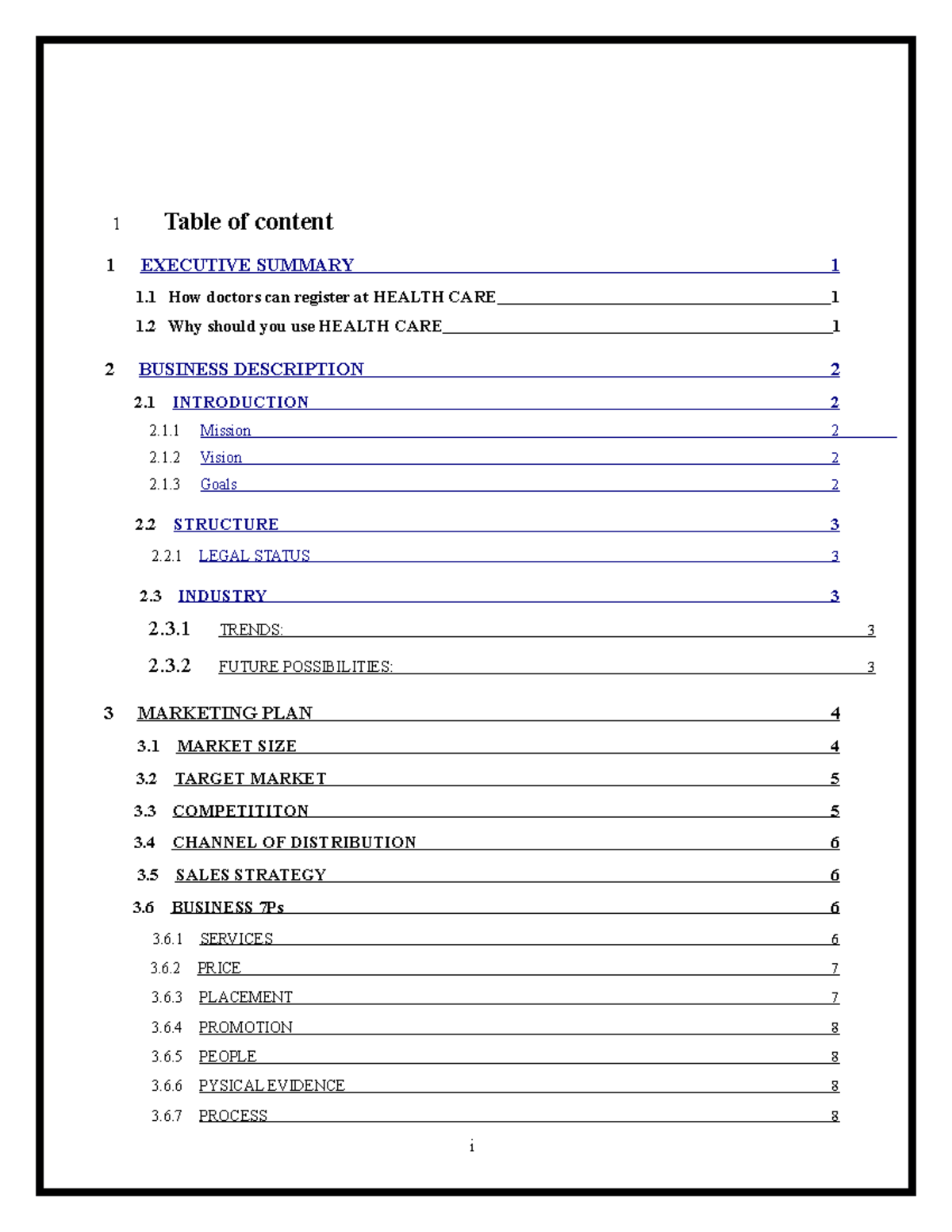 Sample Business Project - i 1 EXECUTIVE SUMMARY 1 Table of content - 1 ...
