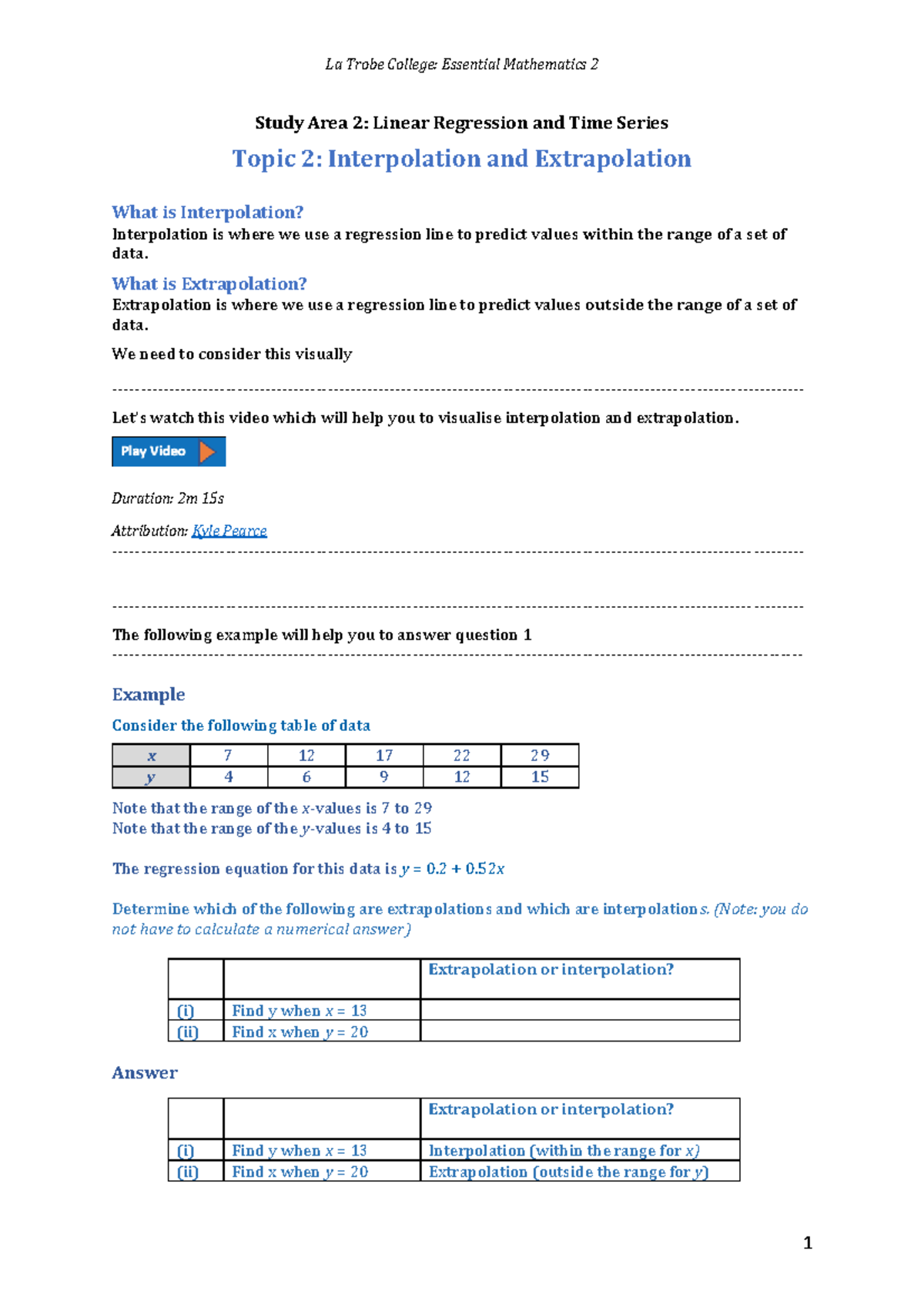Topic 2 - Interpolation and Extrapolation - Study Area 2: Linear ...