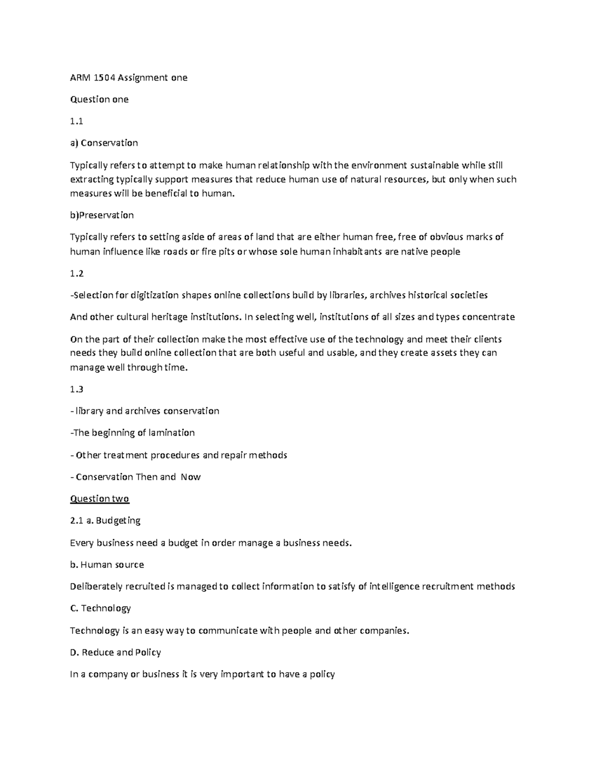 Assignment 1 ARM1504 ...... - ARM 1504 Assignment one Question one 1. a ...