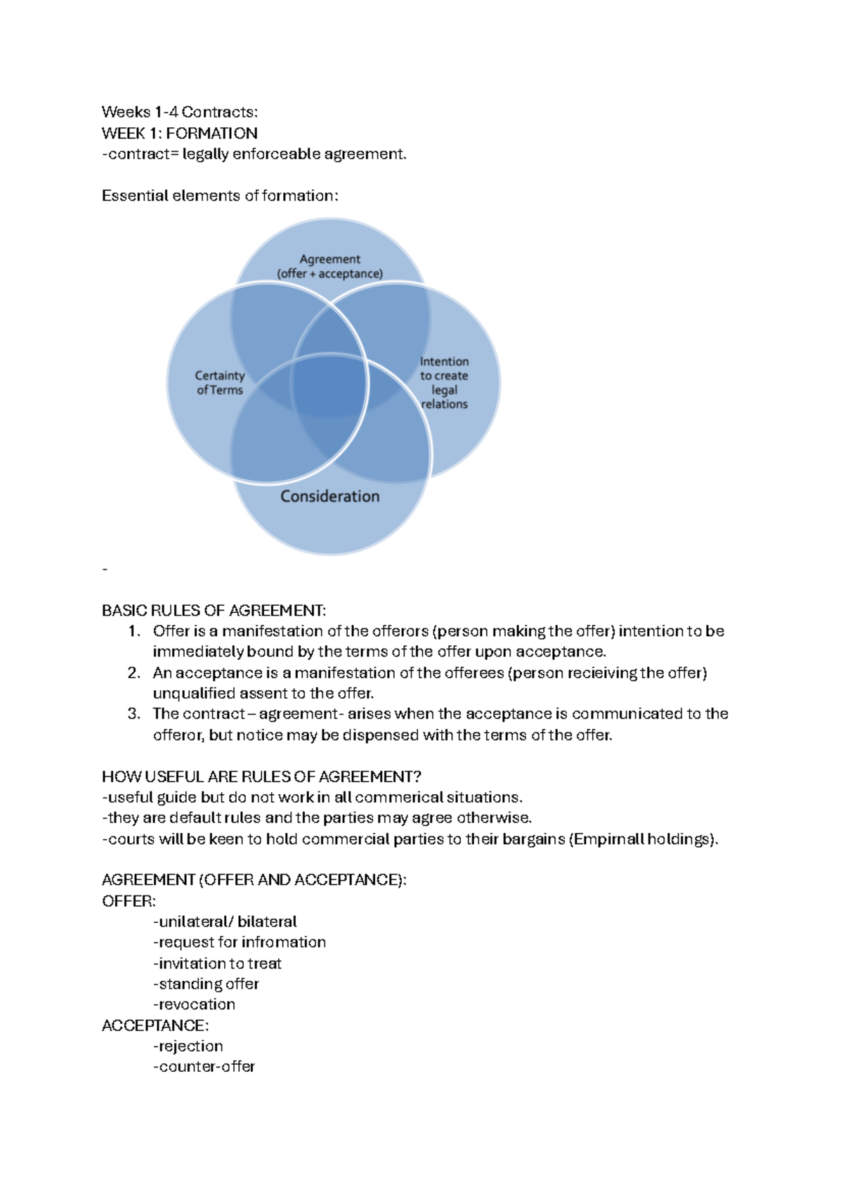WEEK 1-4 Contracts - Weeks 1-4 Contracts: WEEK 1: FORMATION contract= legally enforceable ...