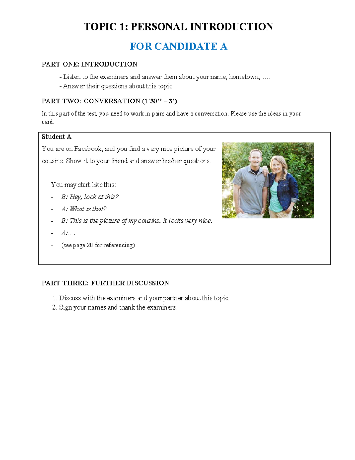 Speaking - Av1 - Test booklet for Student -Life - TOPIC 1: PERSONAL ...