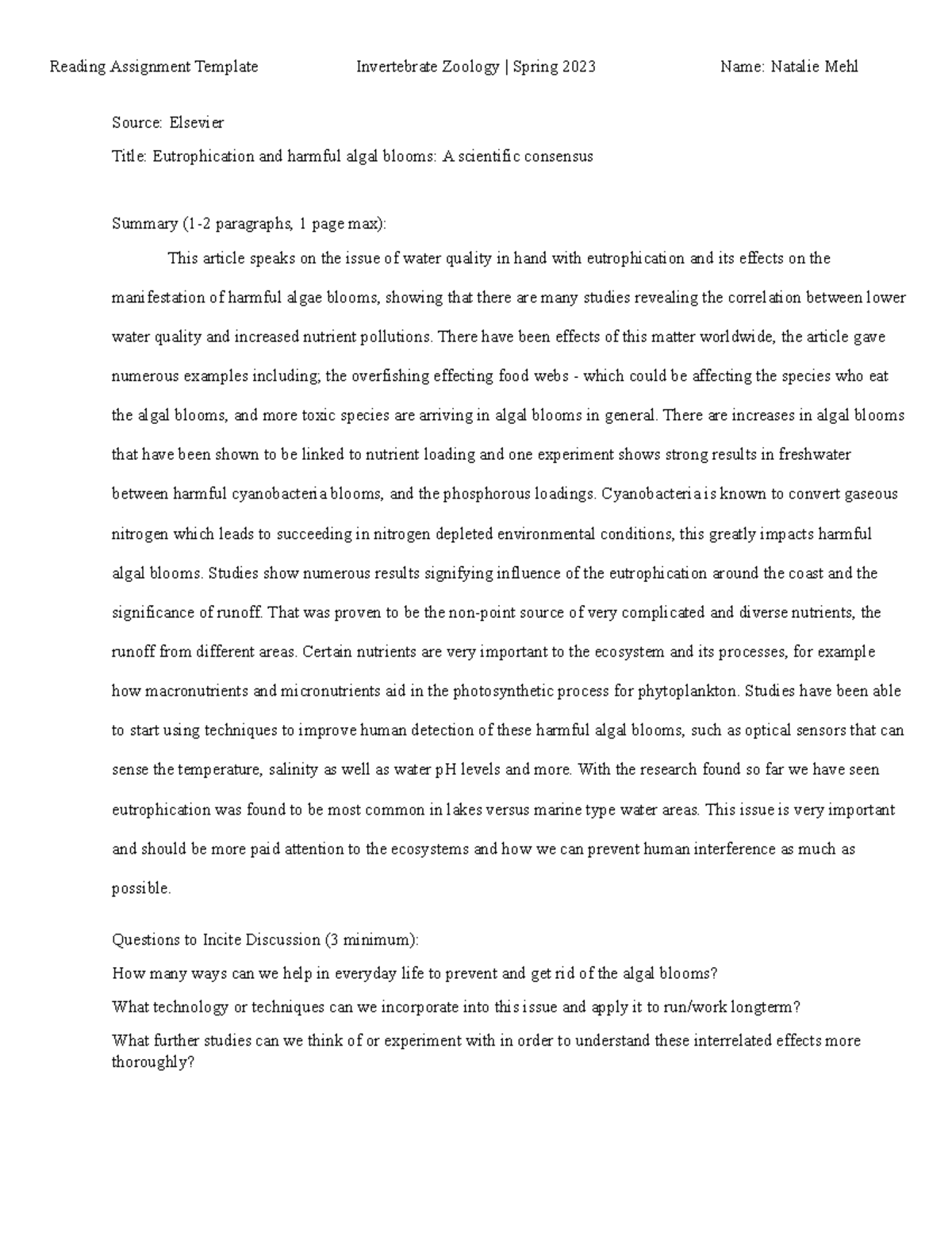 Paper Discussion #1 - Reading Assignment Template Invertebrate Zoology ...