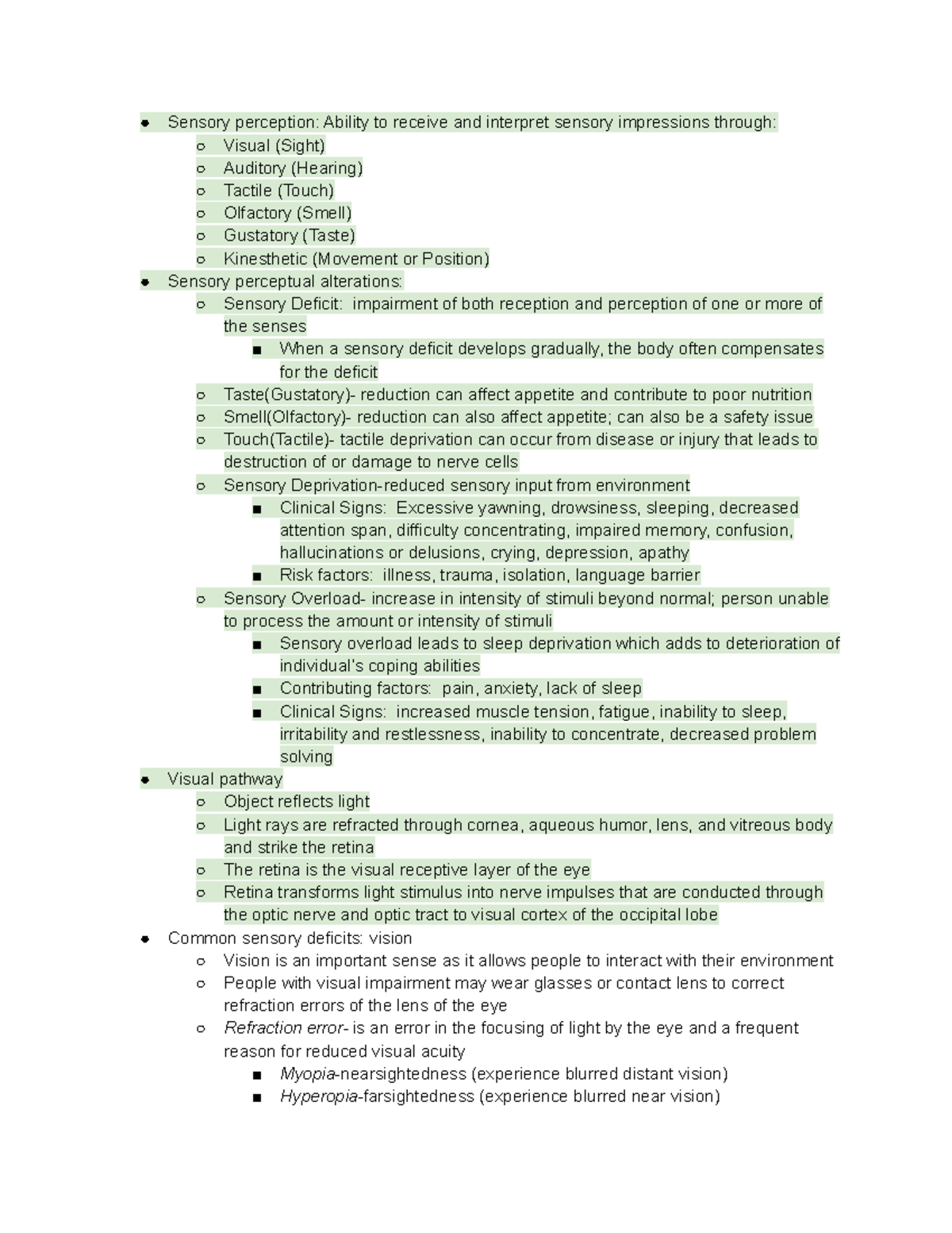 Altered Visual and Audiotry Functioning - Quick Notes - Sensory ...