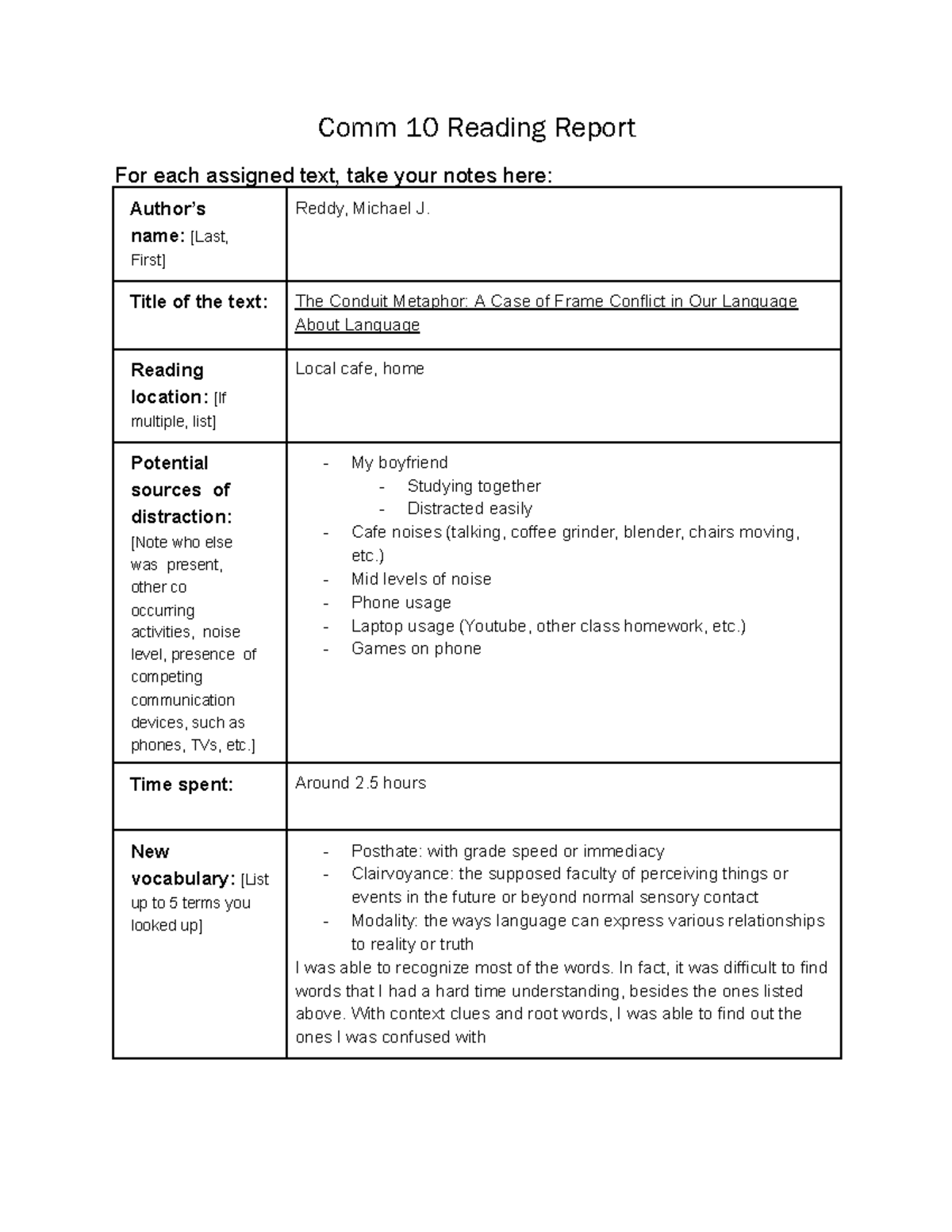 Comm 10 Reading Report #1 - Comm 10 Reading Report For each assigned ...