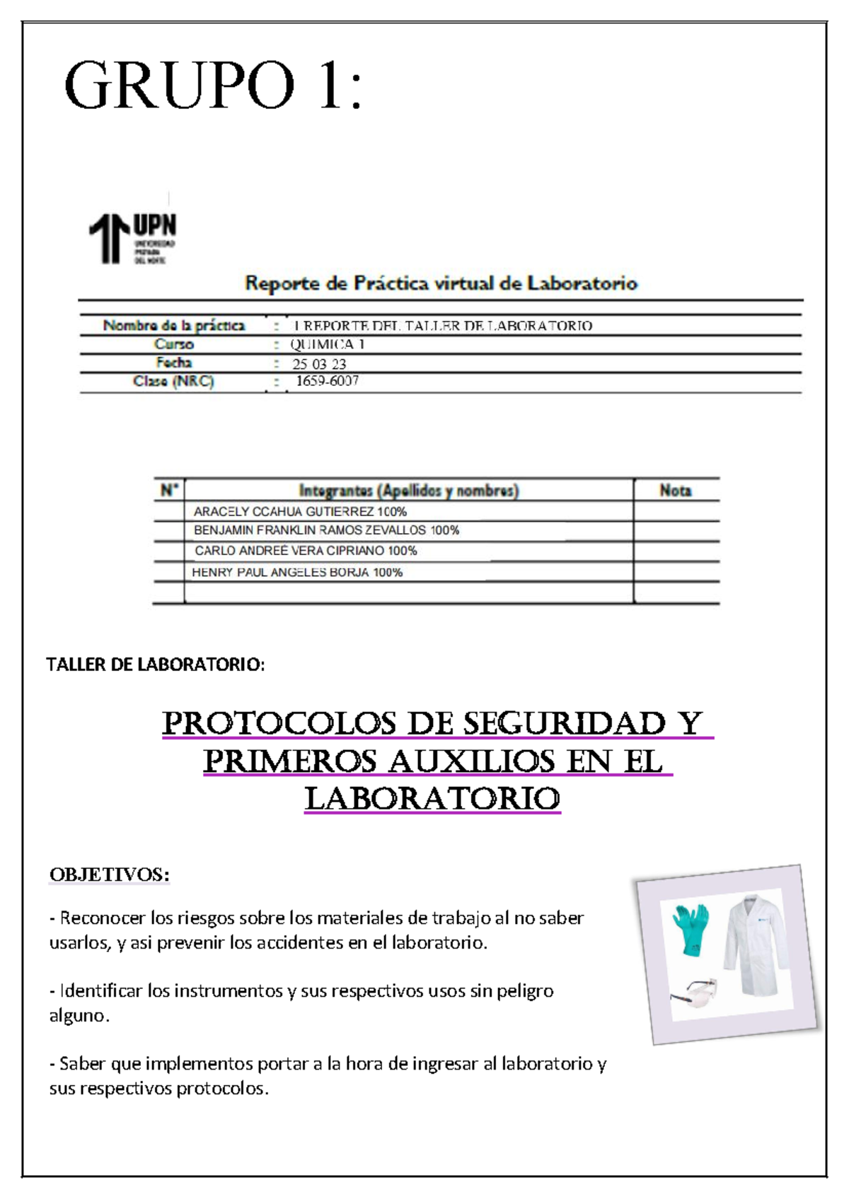 Ficha DE Reporte Grupo - Resumen - PROTOCOLOS DE SEGURIDAD Y PRIMEROS AUXILIOS EN EL LABORATORIO ...