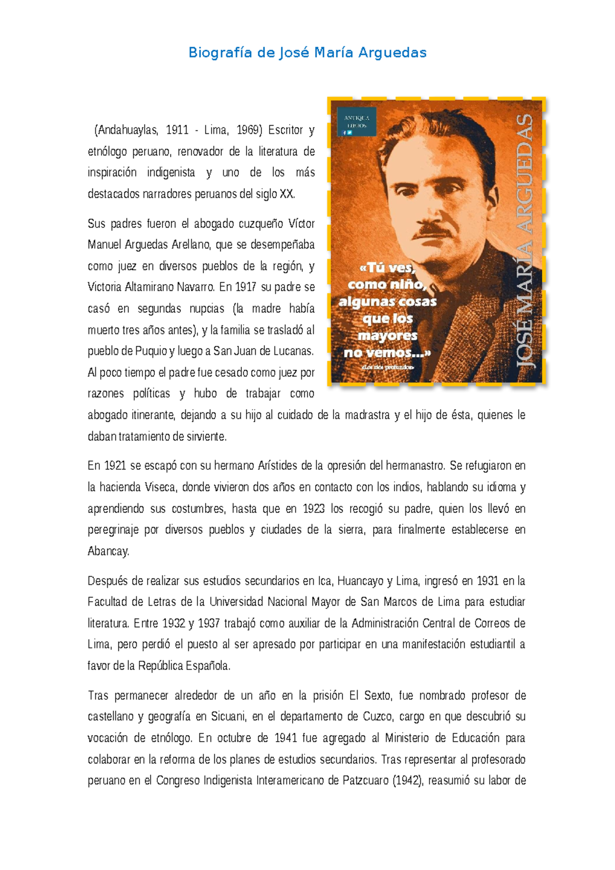 453639361 Biografia de Jose Maria Arguedas docx - Biografía de José María Arguedas (Andahuaylas ...