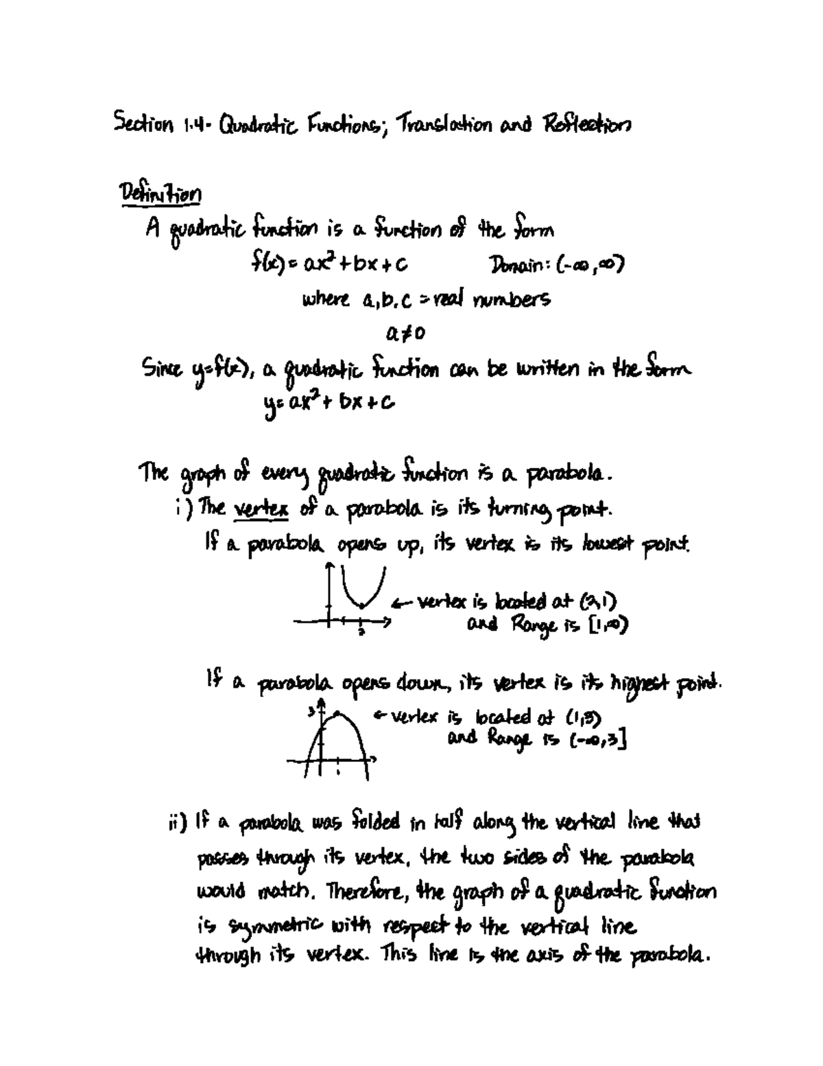 Section 1.4 - Quadratic Functions; Translation and Reflection - Math ...