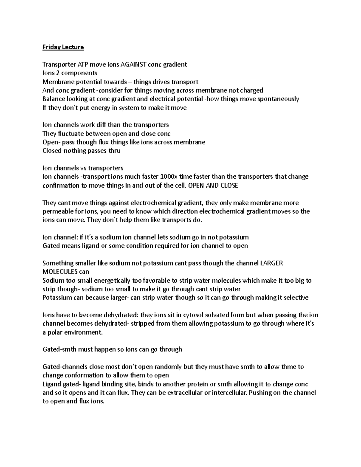 Lec21 notes - cell bio - Friday Lecture Transporter ATP move ions ...