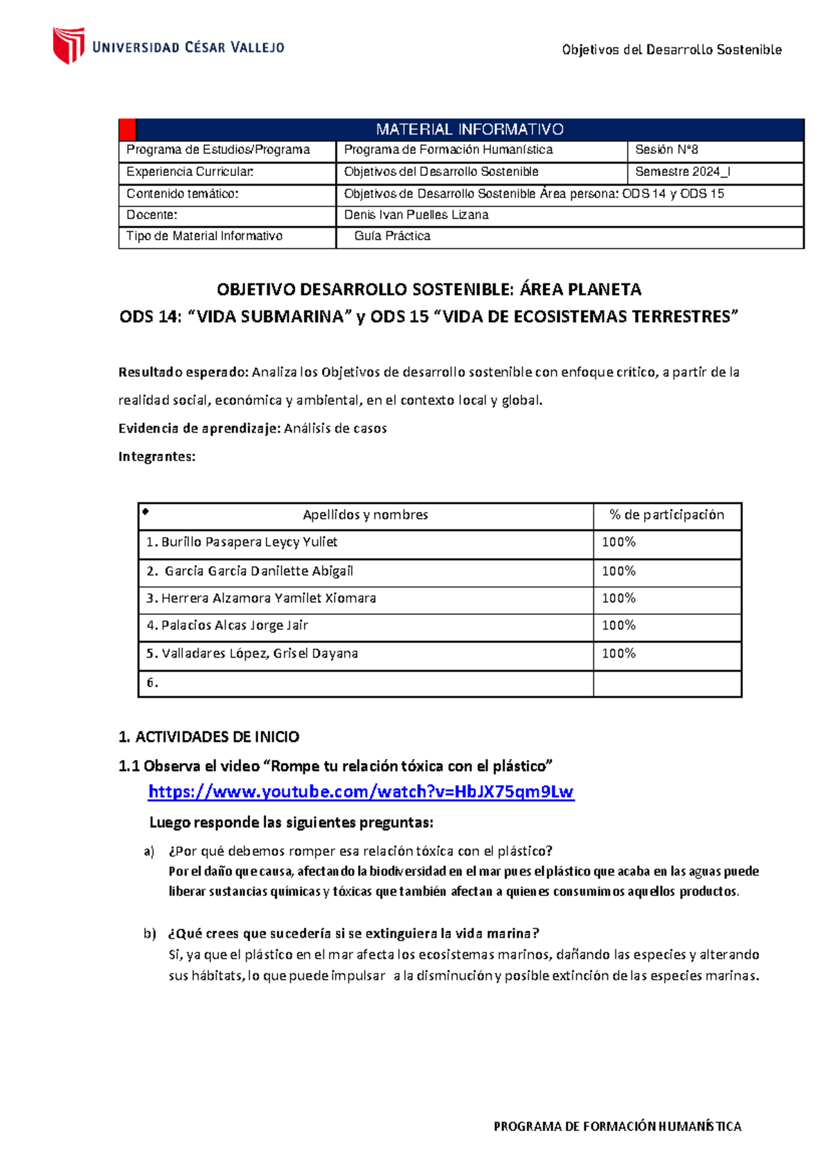 Guía práctica N° 08 ODS 2024-1 - MATERIAL INFORMATIVO Programa de ...