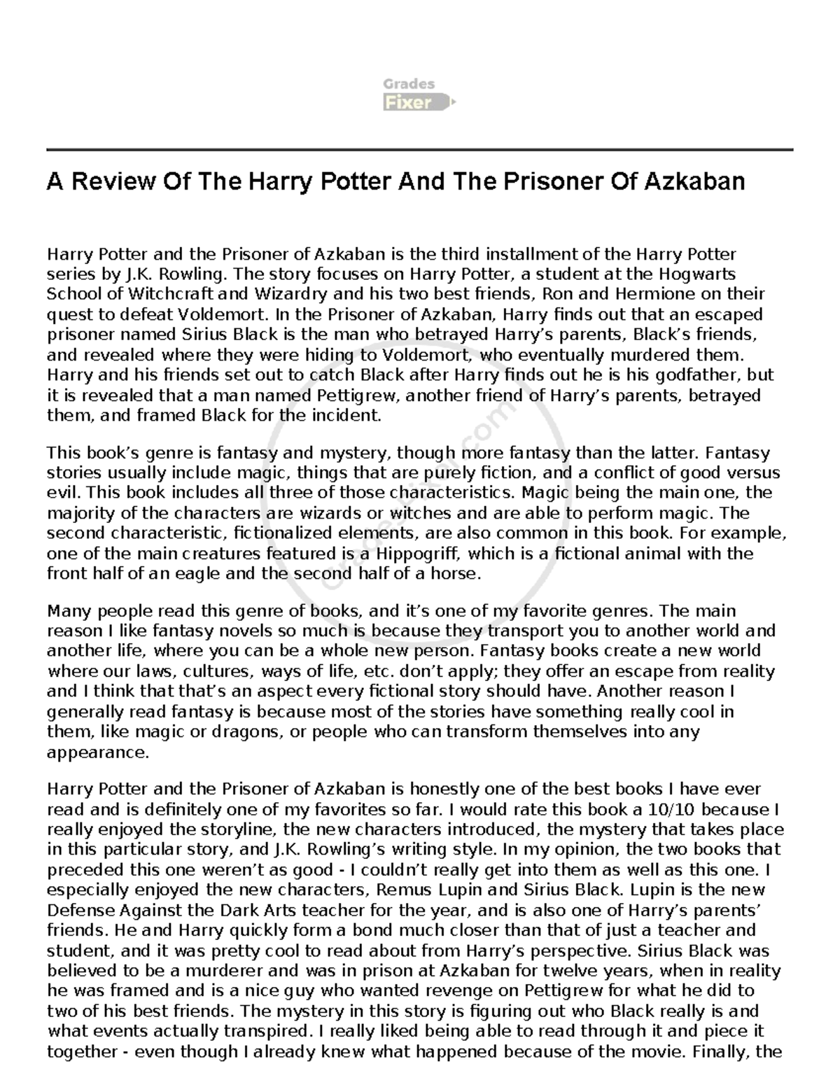 A Review Of The Harry Potter And The Prisoner Of Azkaban - Rowling. The ...