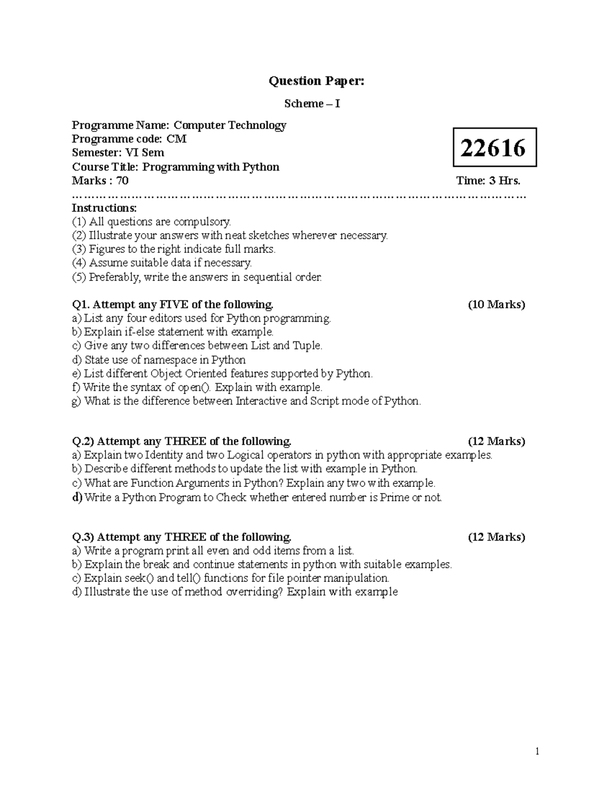 Question Paper 70 M - none - Question Paper: Scheme – I Programme Name ...