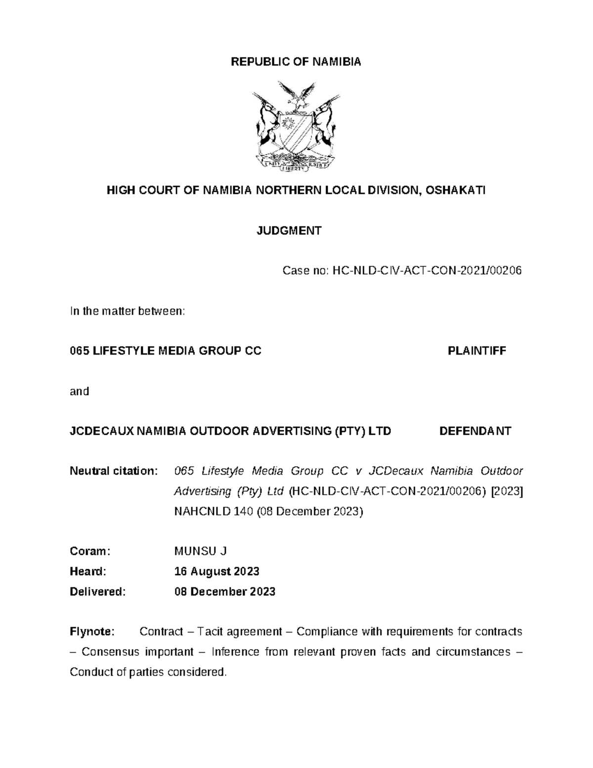 065 Lifestyle Media Group CC v JCDecaux Namibia Outdoor Advertising ...