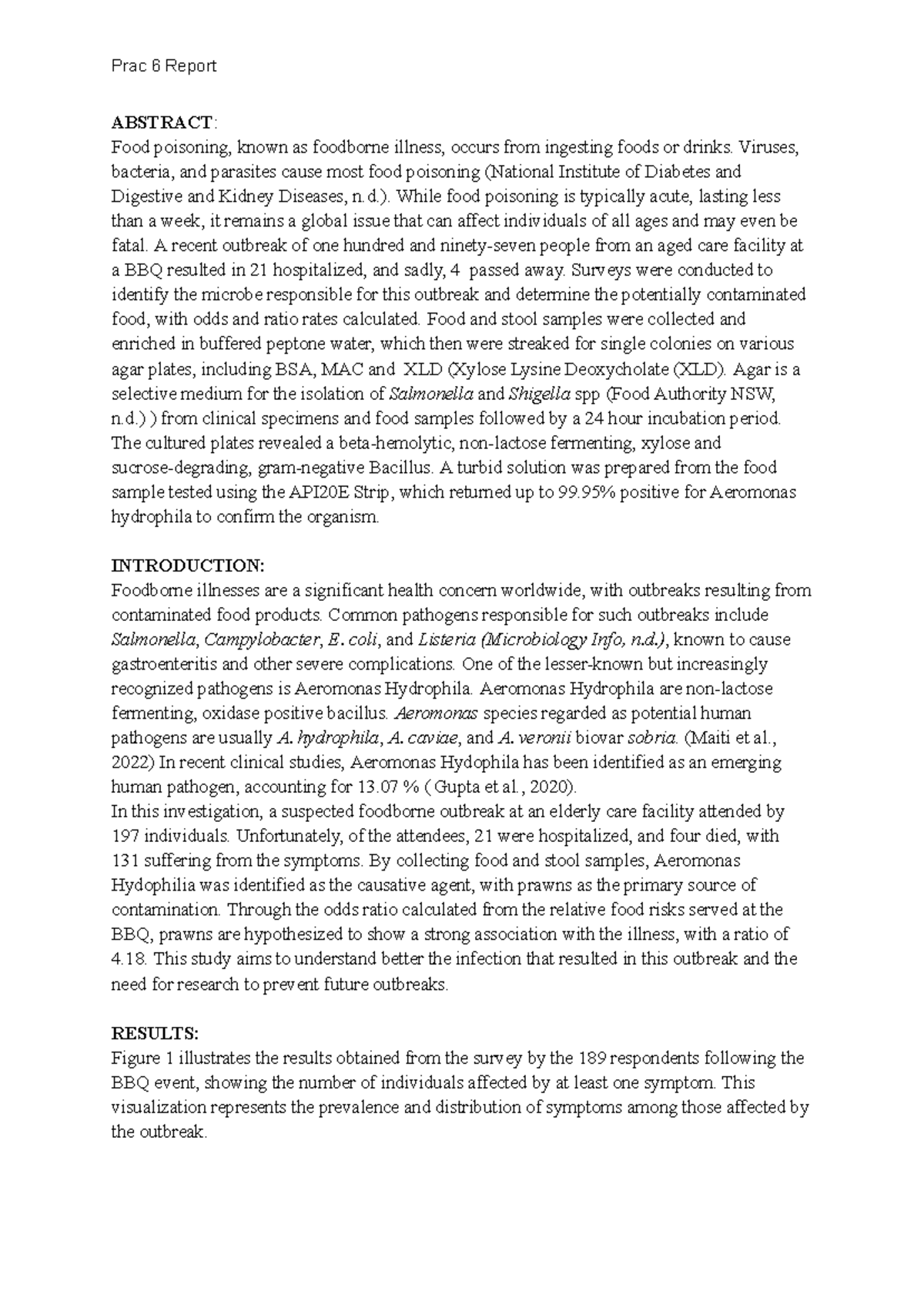 Epi - Epi practical 6 Assignment - ABSTRACT: Food poisoning, known as ...