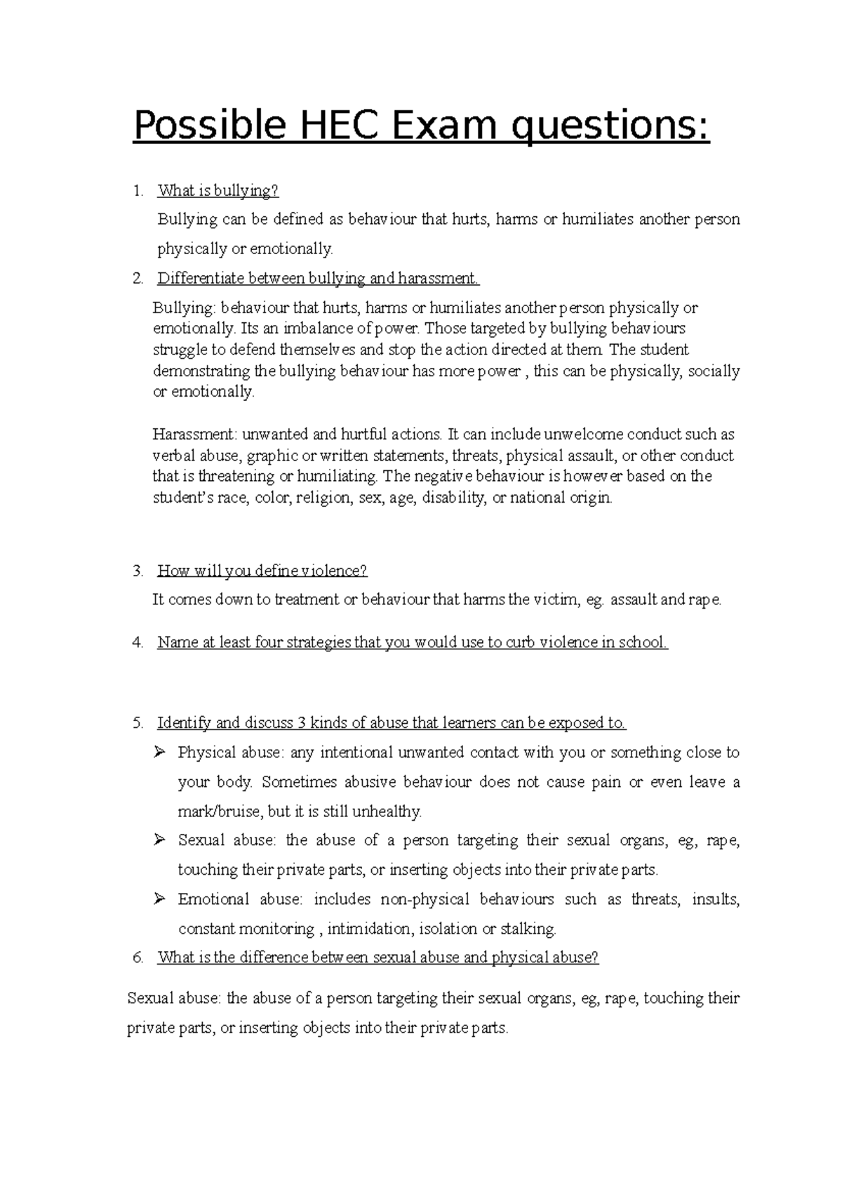 HEC Exam Questions 2020 - Possible HEC Exam questions: What is bullying ...