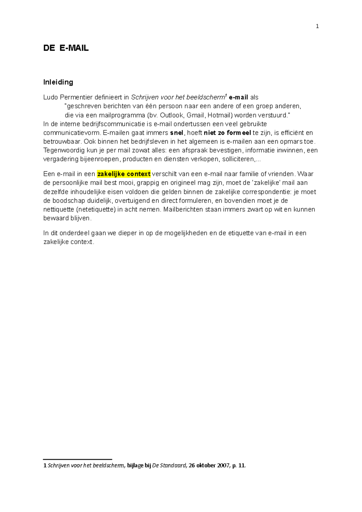 E-mail cursus 1 - DE E-MAIL Inleiding Ludo Permentier definieert in ...