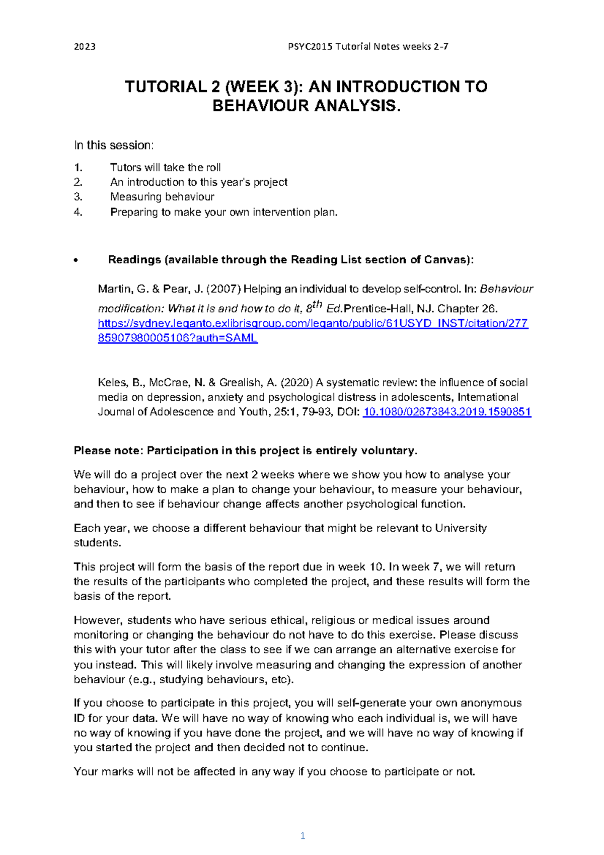 2023 PSYC2015 Week 3 changing behaviour - TUTORIAL 2 (WEEK 3): AN INTRODUCTION TO BEHAVIOUR ...