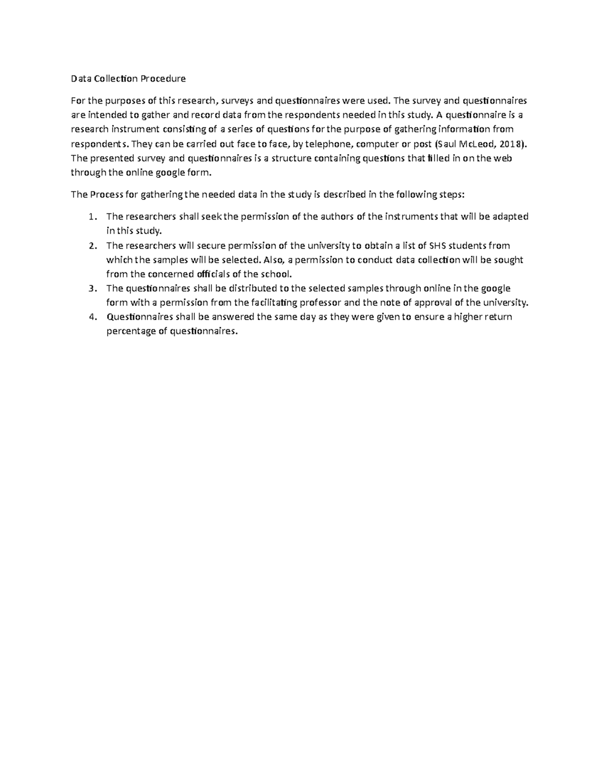 Data Collection Procedure - The survey and questionnaires are intended ...