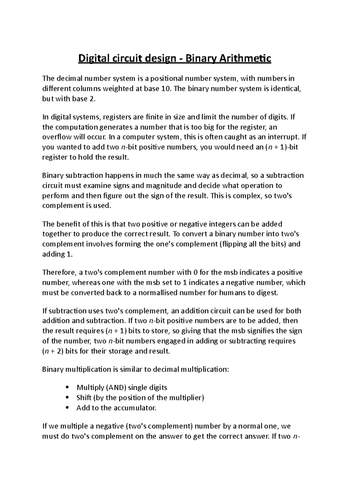 Digital Circuit Design Binary Arithmetic The Binary Number System Is Identical But With