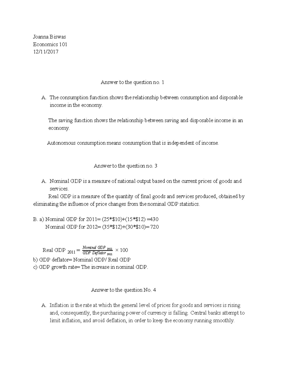 ECO 101 lecture - Joanna Biswas Economics 101 12/11/2017 Answer to the ...