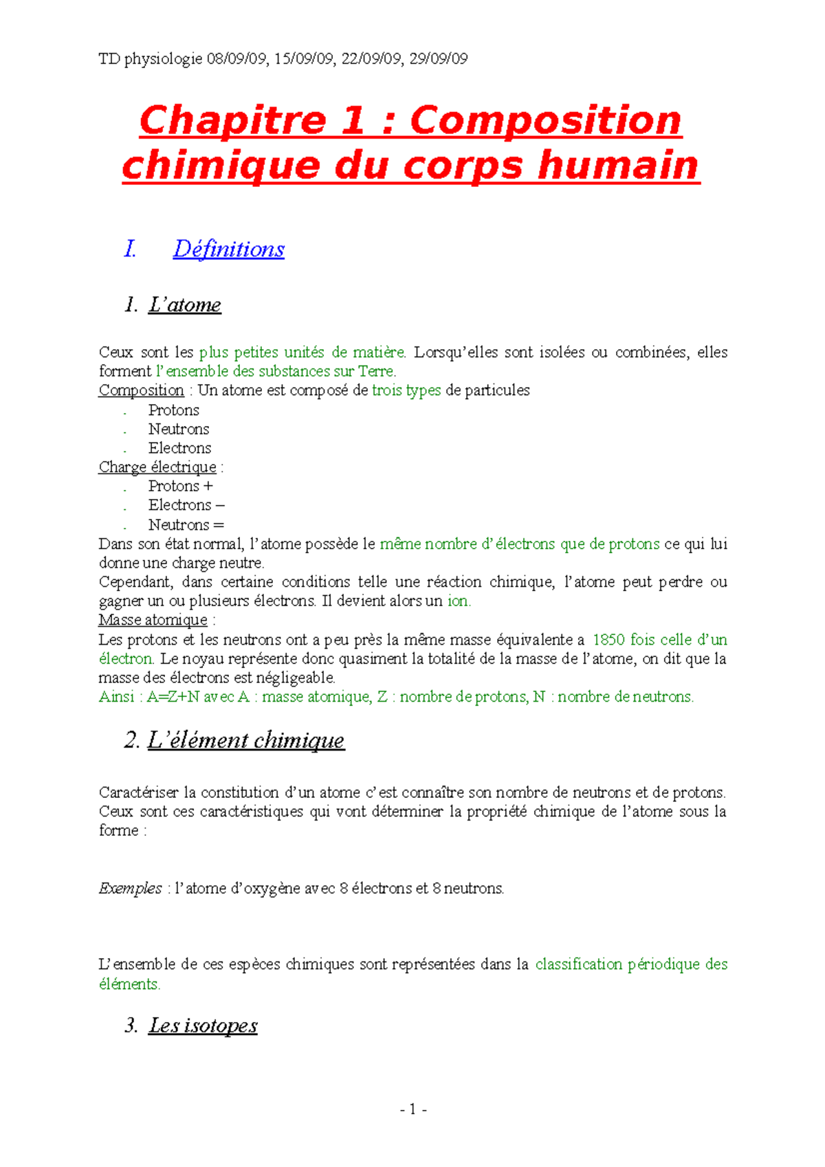 Chapitre 1 physio TD - Chapitre 1 : Composition chimique du corps ...