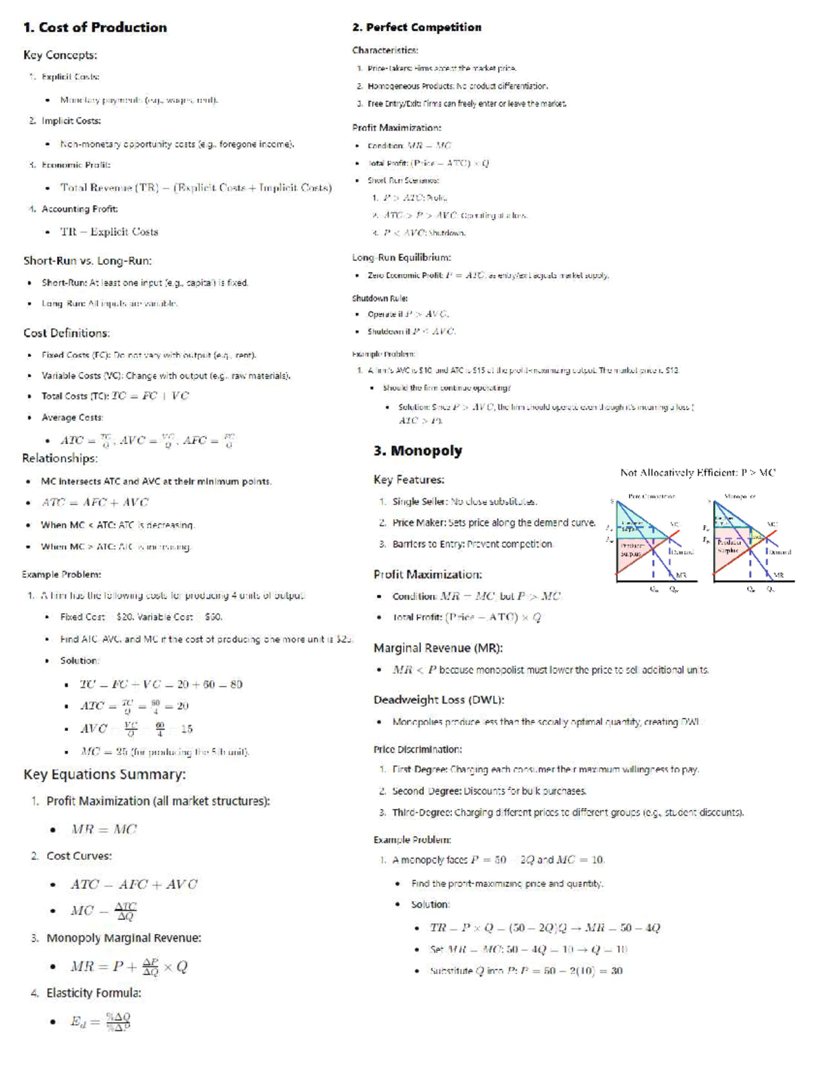 Eco 1001 Midterm 2 Cheat Sheet - 1. Cost of Production 2. Perfect ...