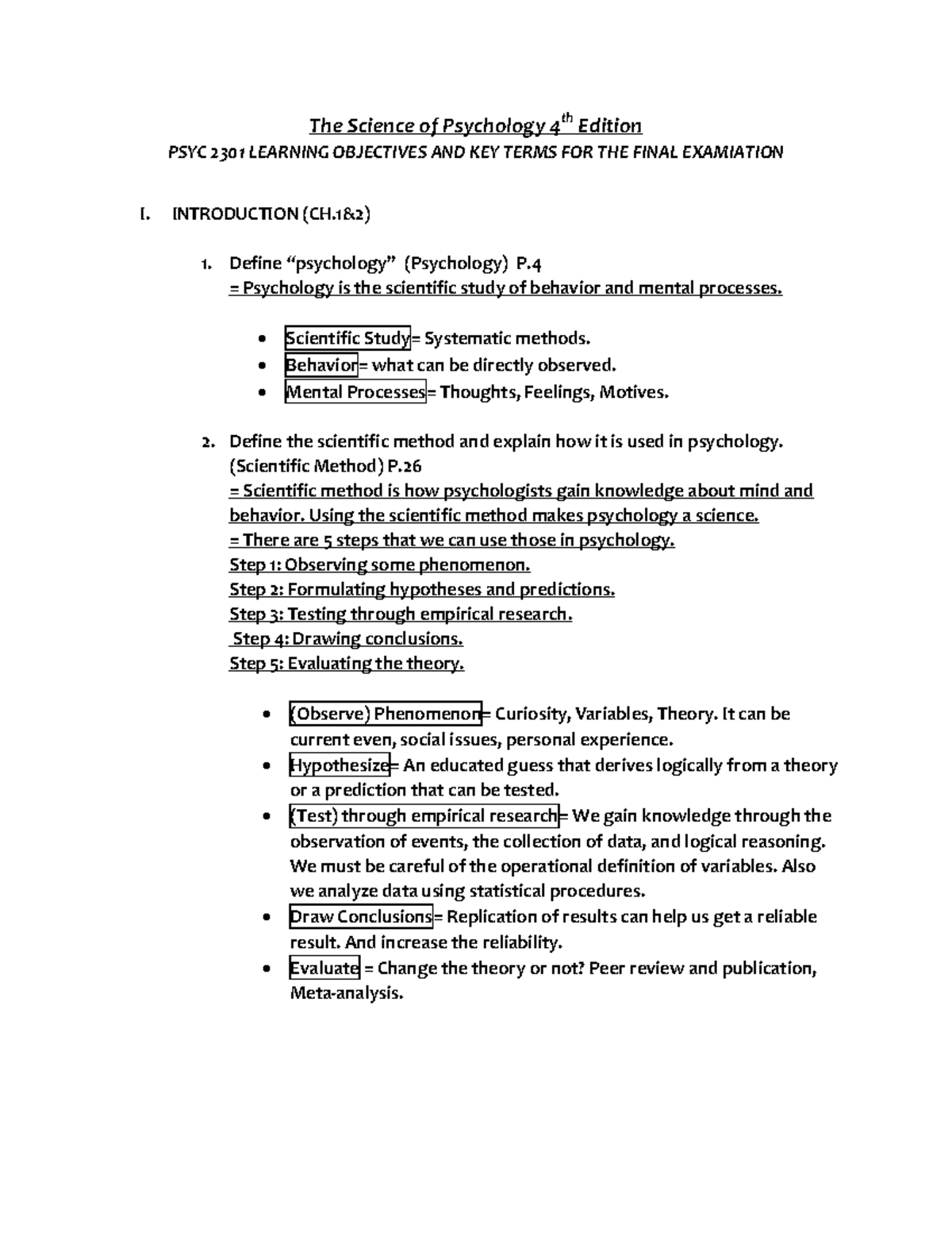 The Science Of Psychology 4th Edition - INTRODUCTION (CH&2) Define