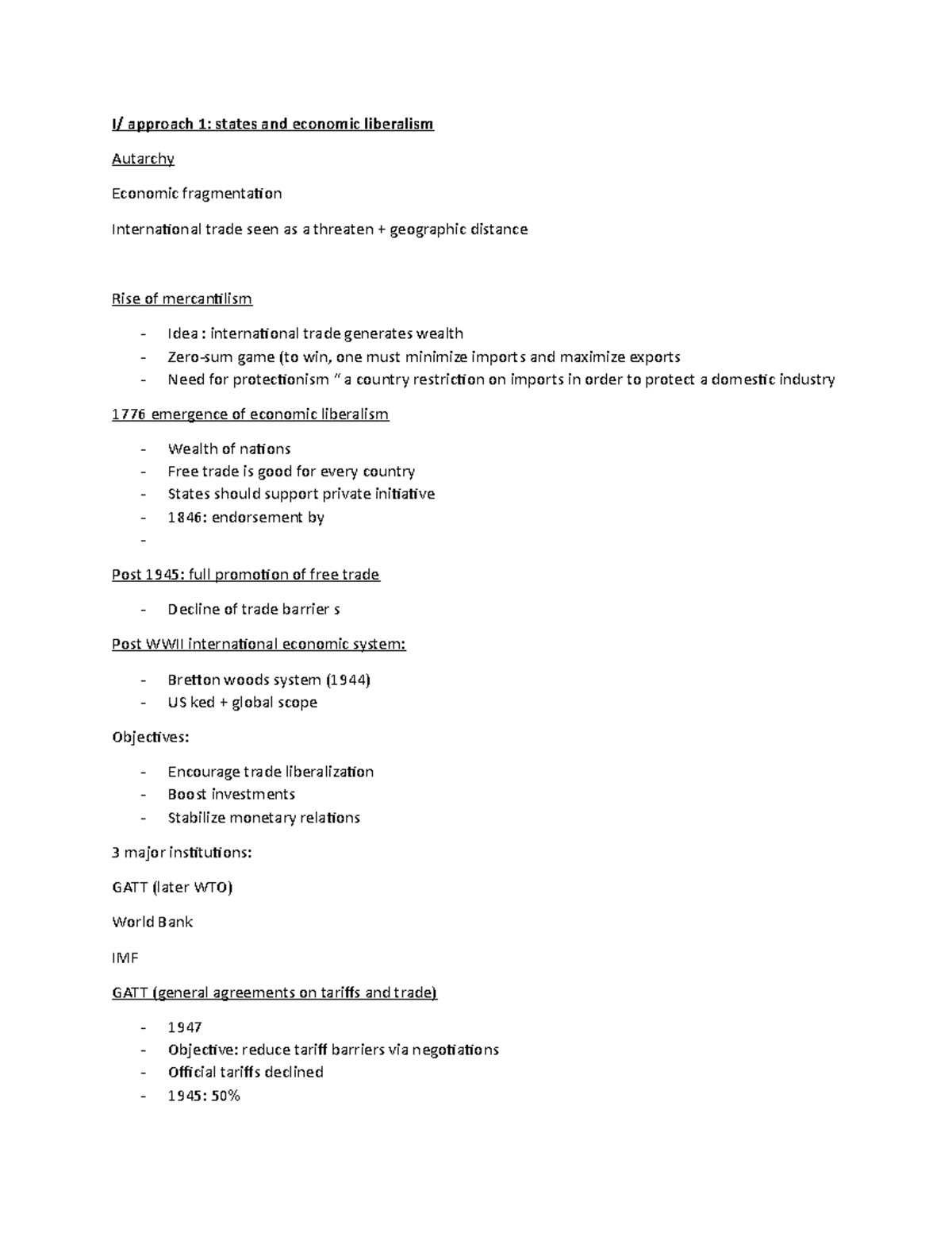 Class 18 notes - I/ approach 1: states and economic liberalism Autarchy ...